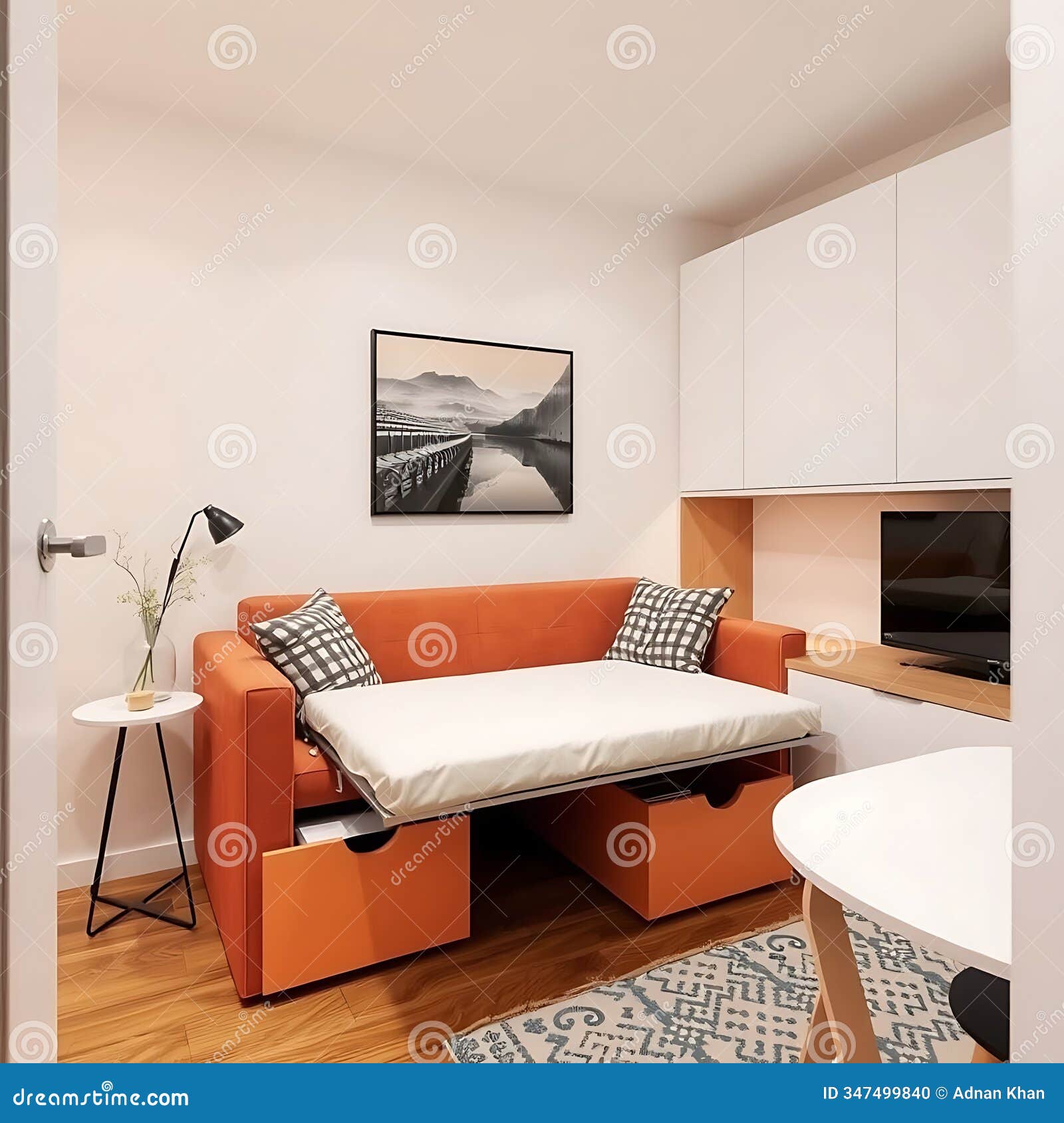 A Small Studio Apartment Featuring A Compact Couch With Pull Out ...