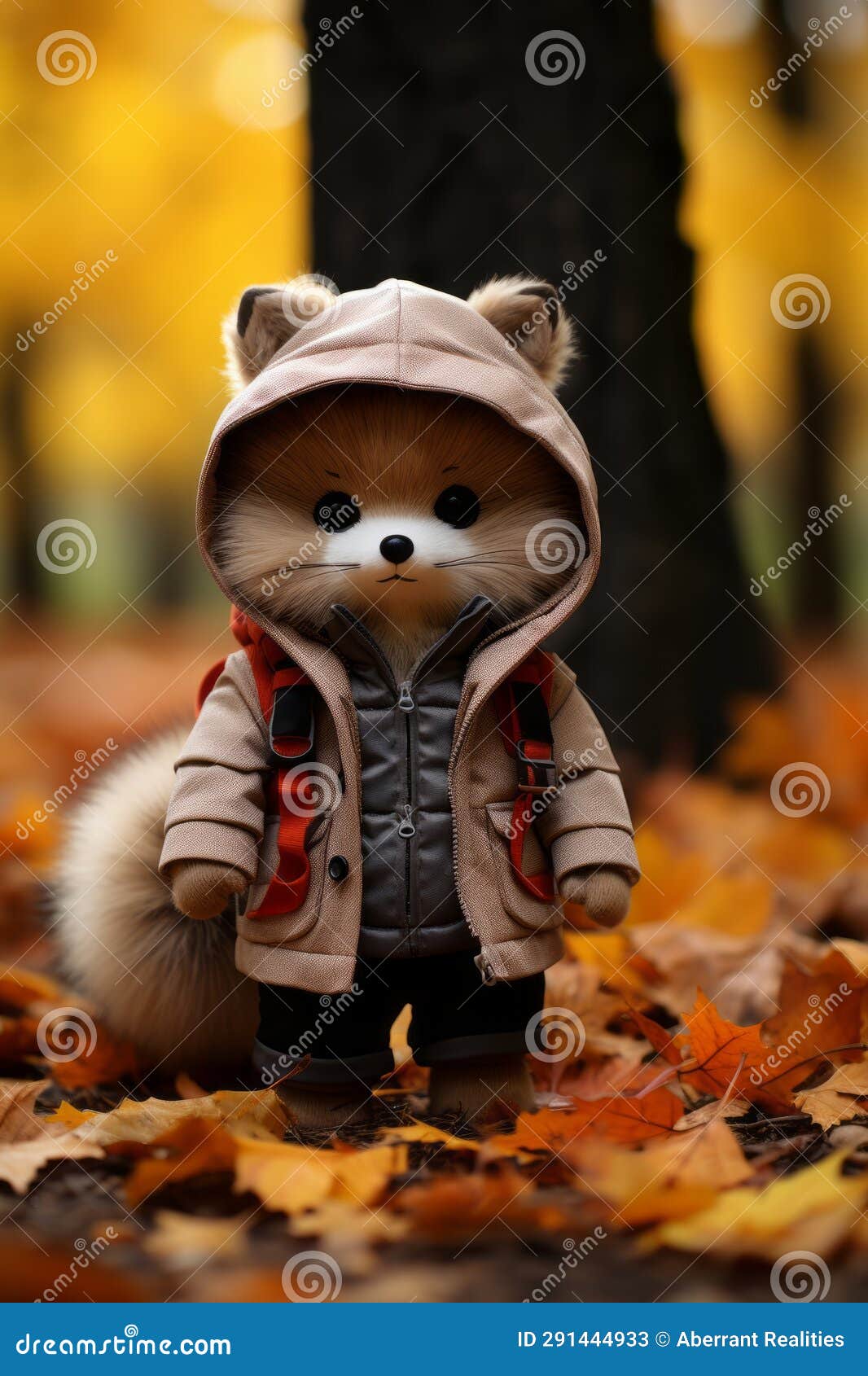 A Small Stuffed Animal Wearing a Jacket in the Autumn Leaves Stock ...