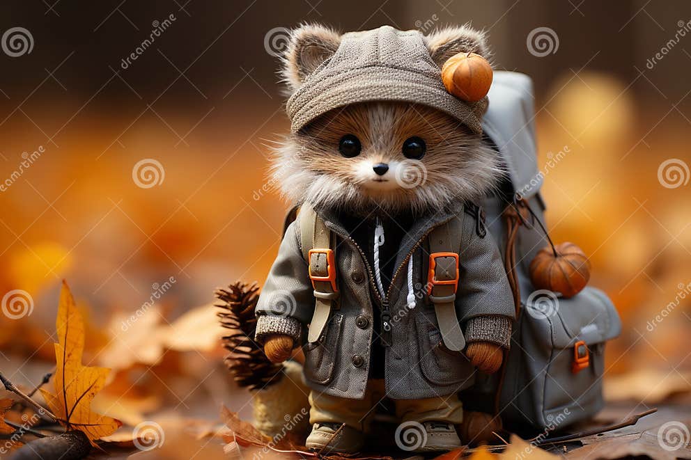 A Small Stuffed Animal Wearing a Jacket and Hat with a Backpack Stock ...