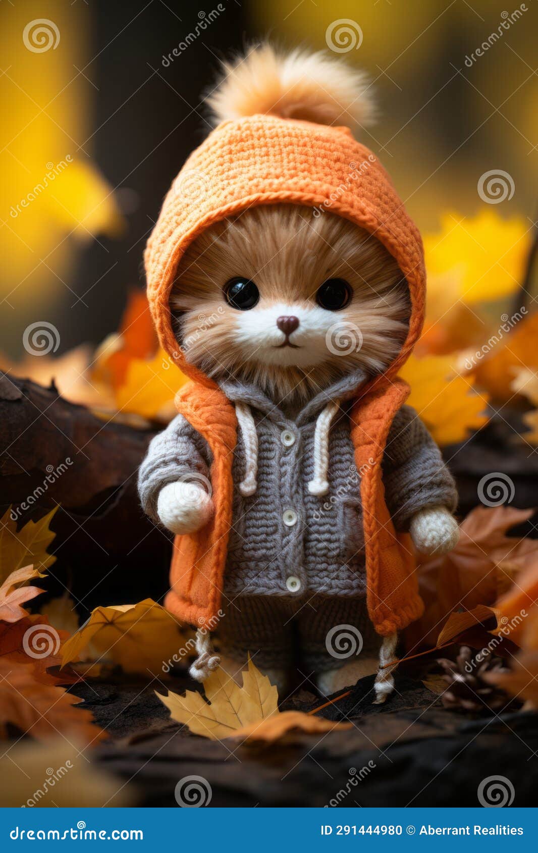 A Small Stuffed Animal Wearing an Orange Jacket and Hat Stock ...