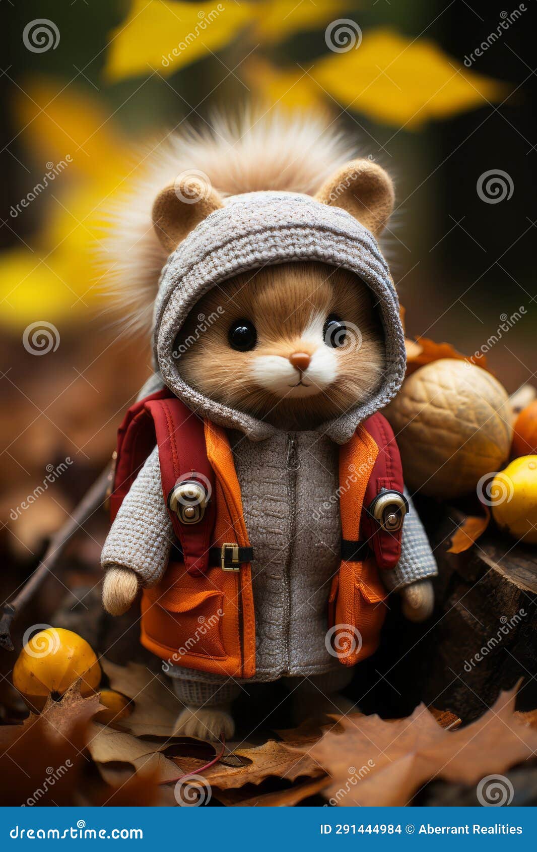 A Small Stuffed Animal Wearing an Orange Jacket and Hat Stock ...