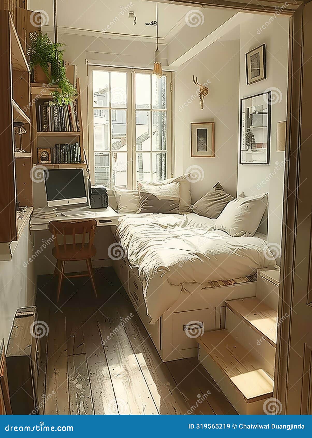 Small Sunny Bedroom, Small Steps, Computer Desk AI Generated Stock ...