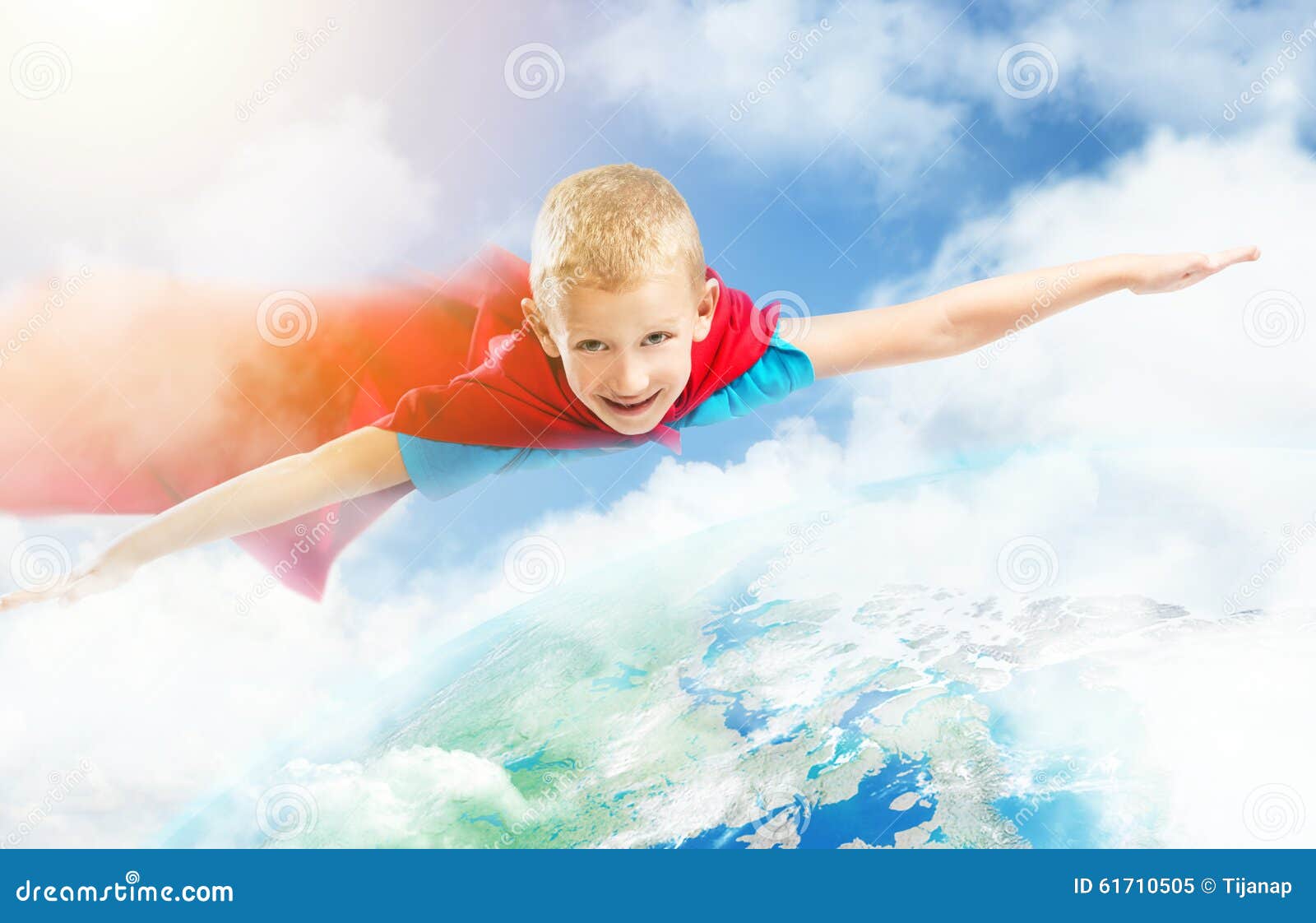Small Superhero Boy Flying Over Earth Stock Image - Image of children ...