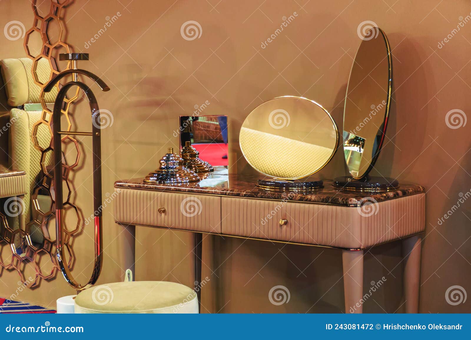 Small Table for Cosmetics with a Round Mirror Stock Photo - Image of ...
