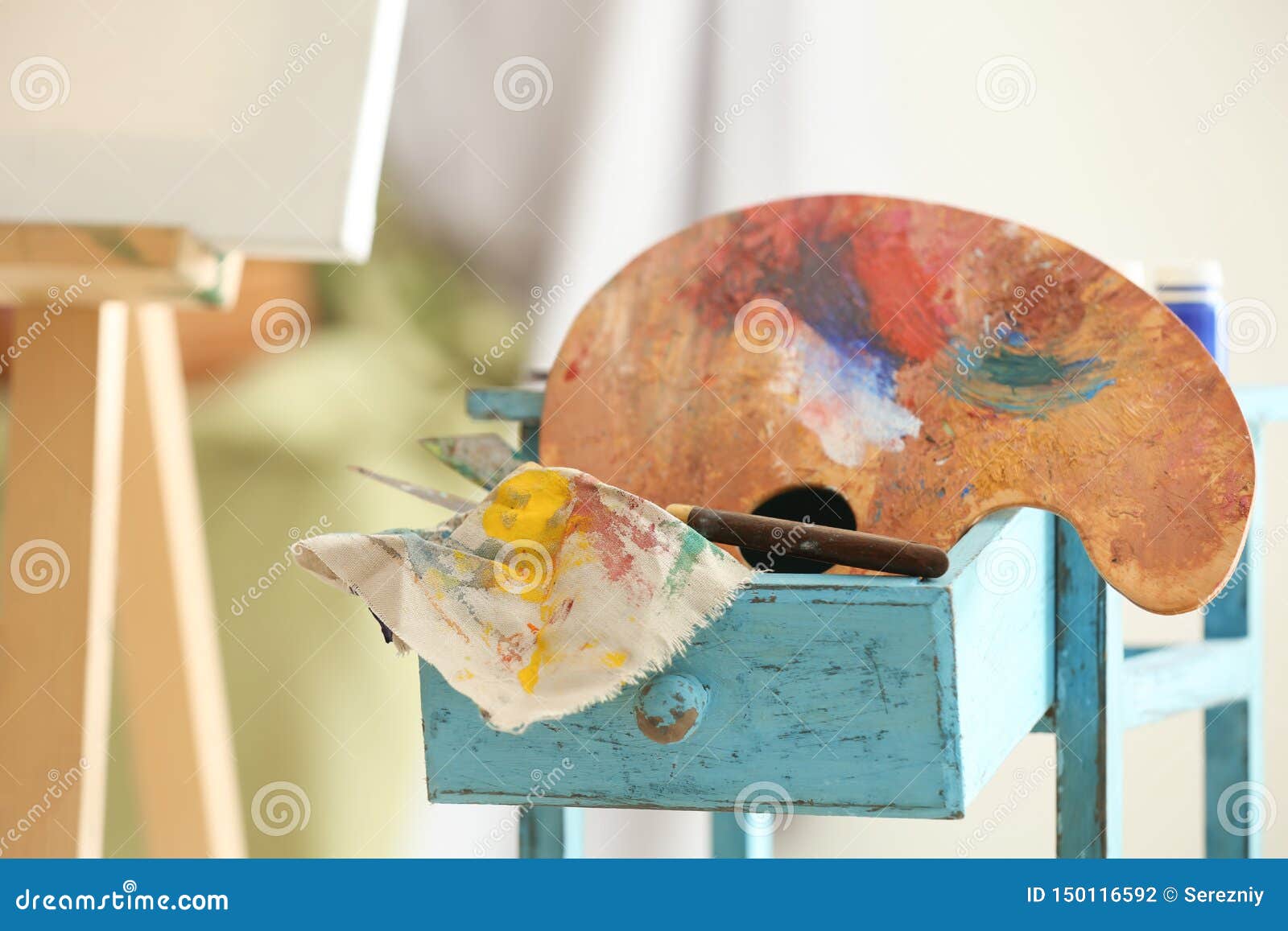 Small Table with Paint Palette and Tools in Drawer Indoors Stock Photo ...