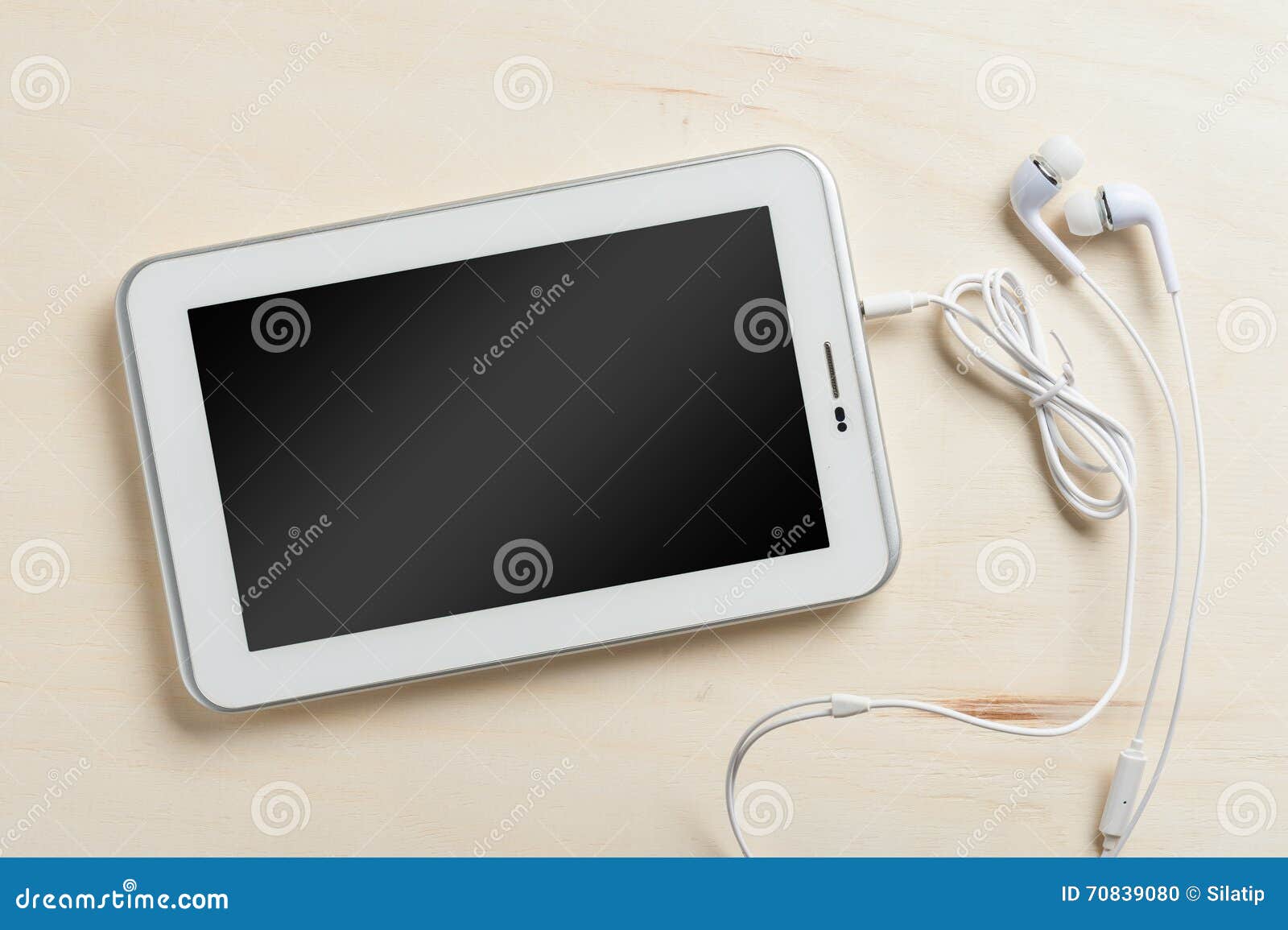 Small Tablet Pc with in Ear Headset Stock Photo - Image of music ...