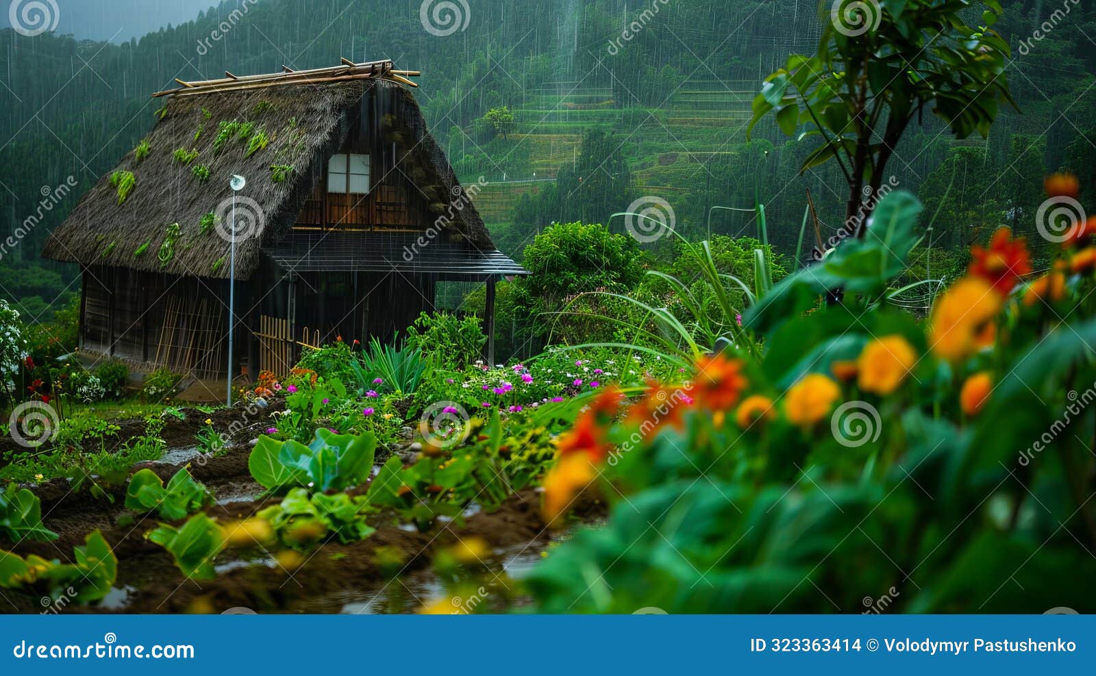 A Small Thatched House in the Rain Stock Photo - Image of mountain ...