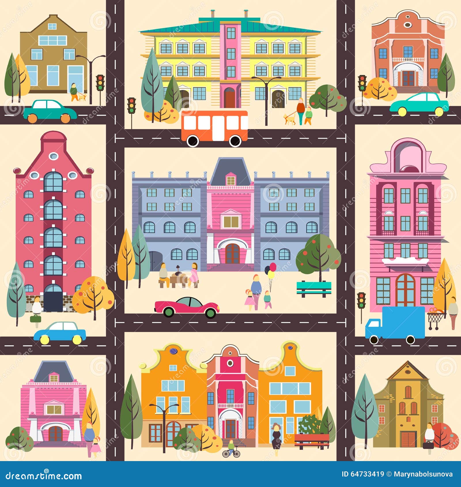 Small town and buildings stock vector. Illustration of building - 64733419