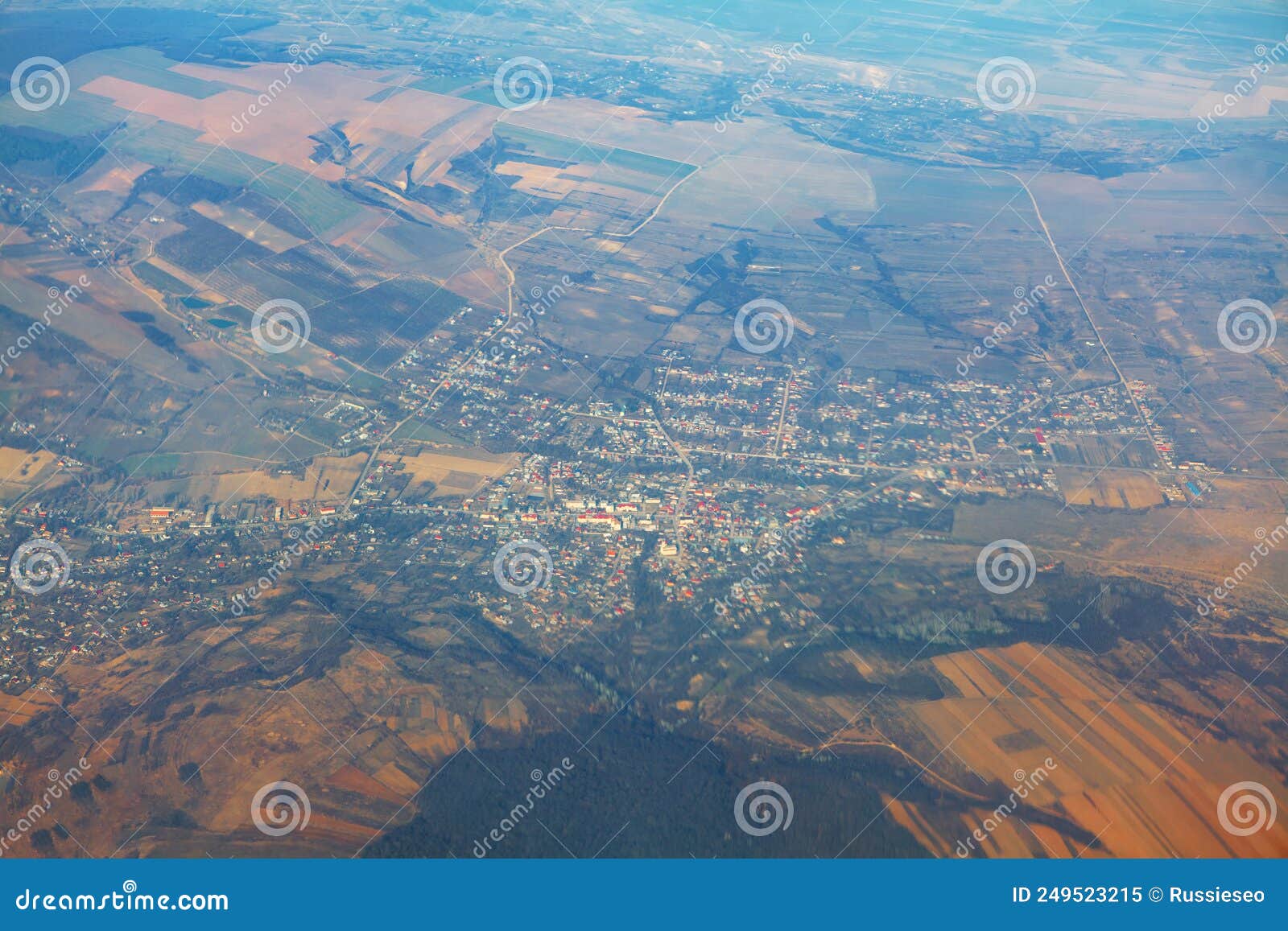Small town view from above stock image. Image of river - 249523215