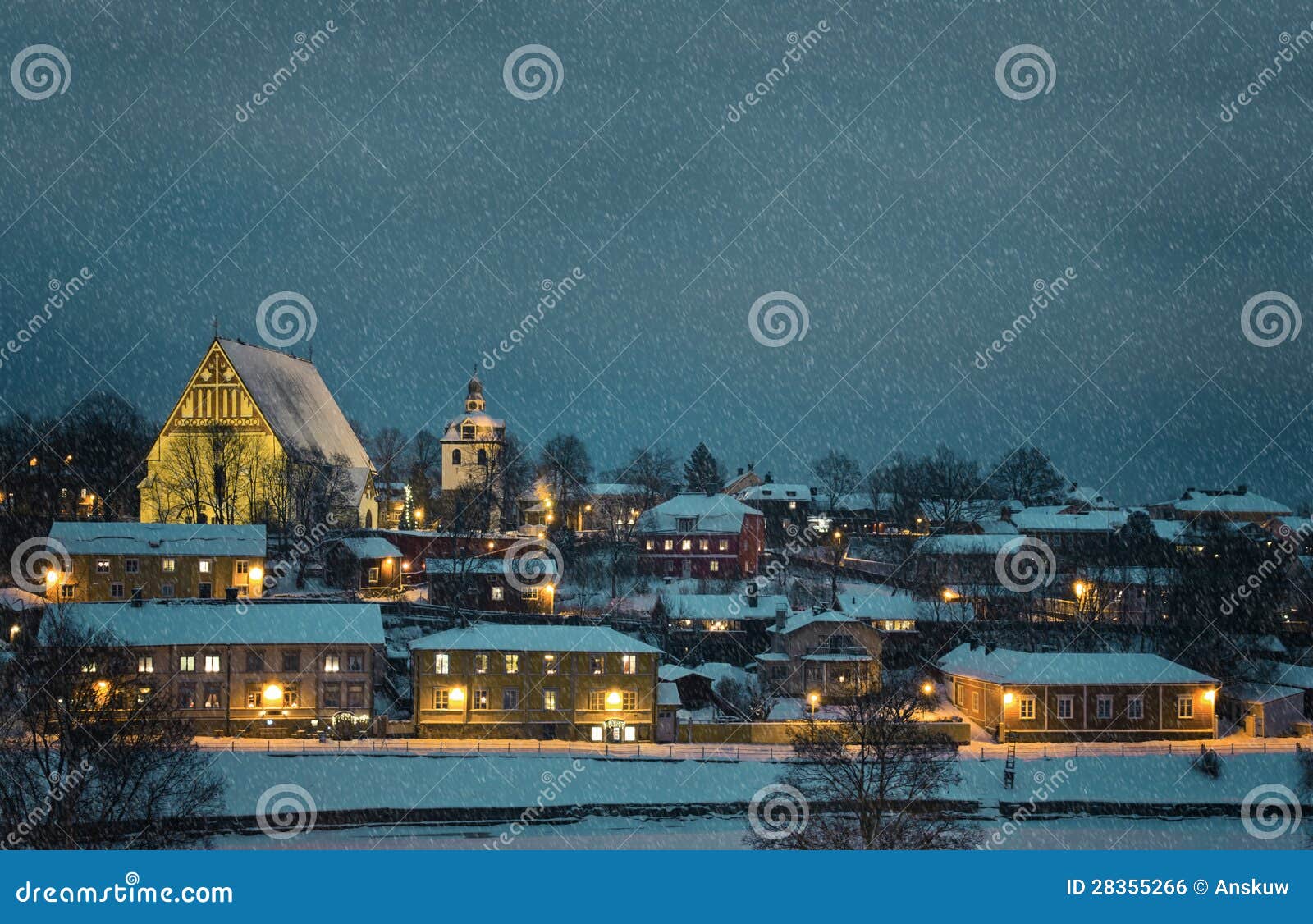 Small Town Winter Landscape in the Evening with Snowfall Stock Photo ...