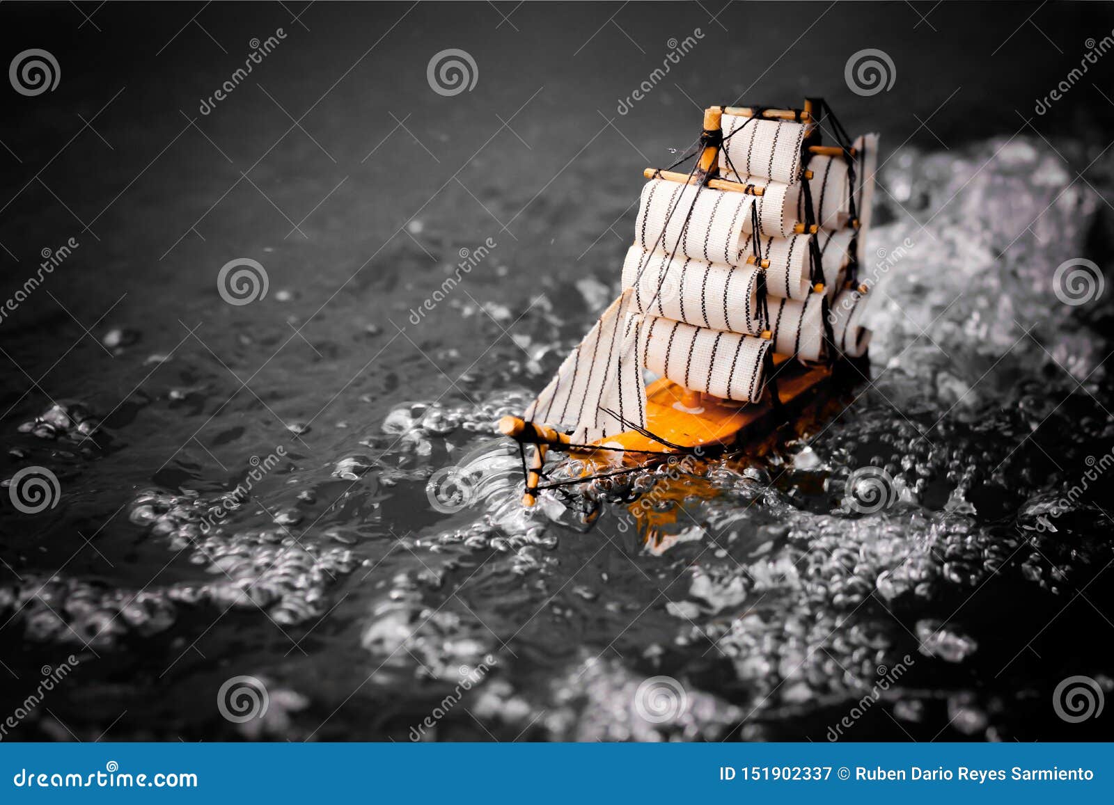 Small Toy Boat in the Water with Big Waves. Stock Image - Image of ...