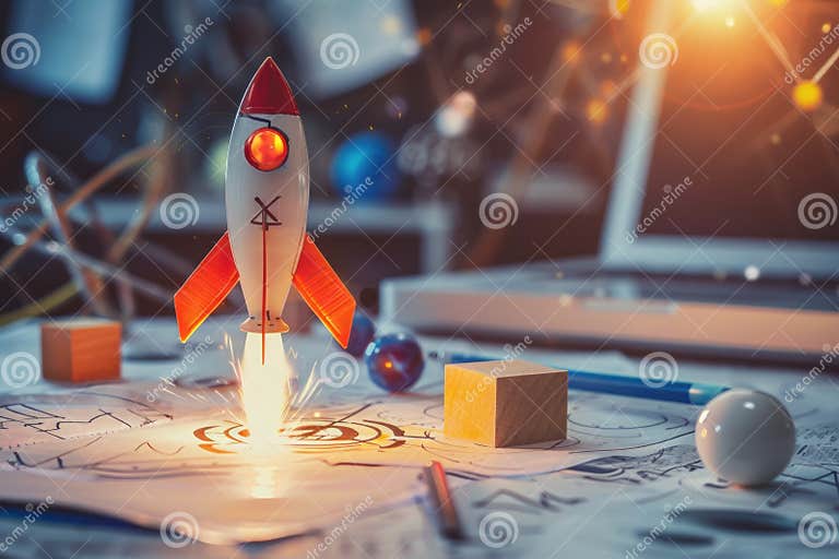 A Small Toy Rocket Sits Atop a Table, Ready for Play or Display Stock ...