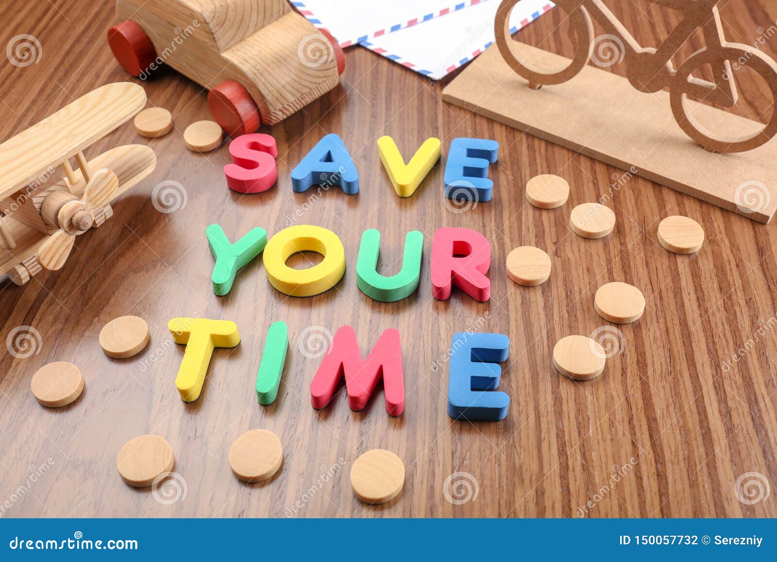 Small Toy Transport and Phrase "Save Your Time " Composed from Letters ...