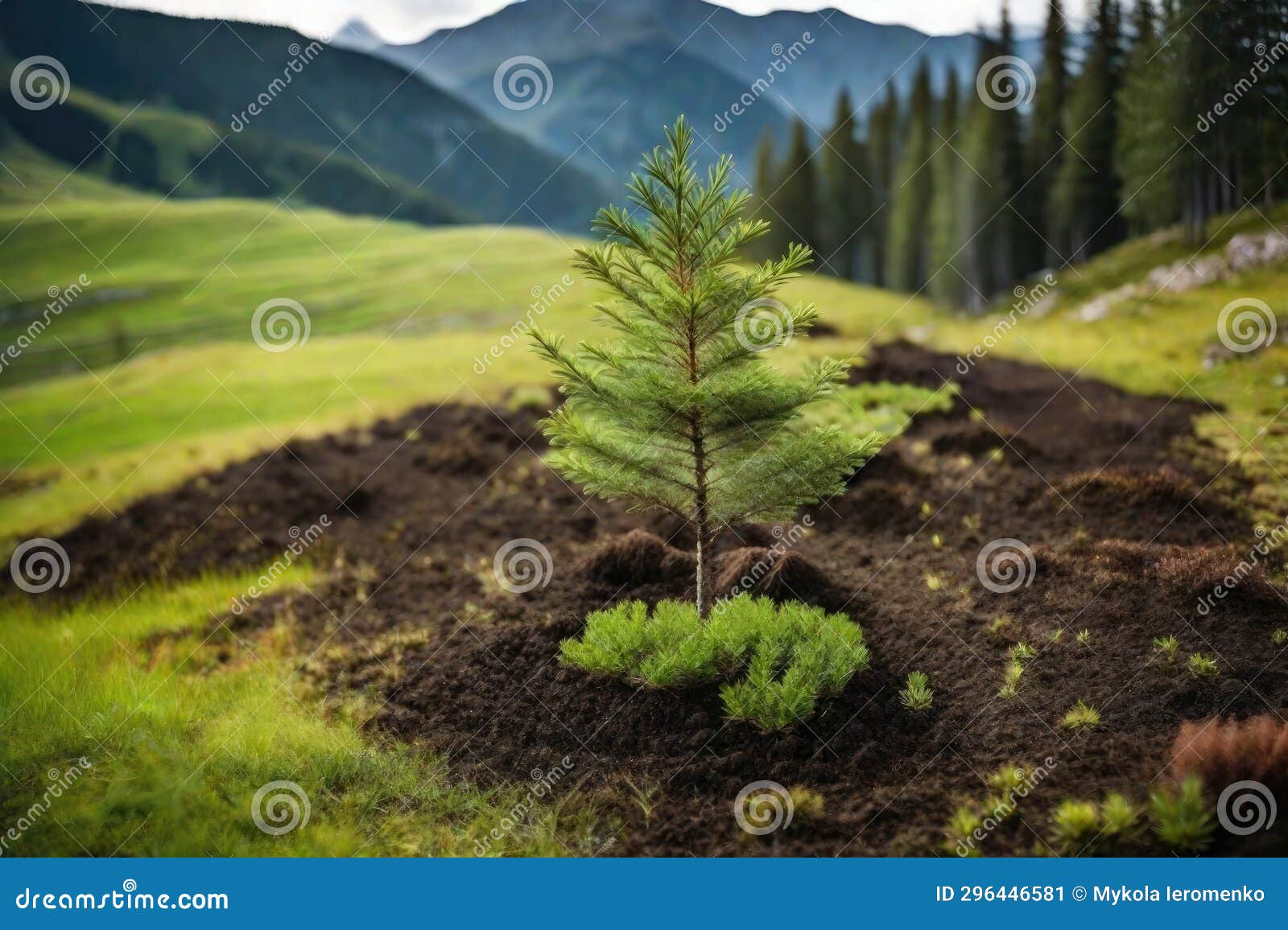 A Small Tree Against a Background of Forest and Mountains. Stock Image ...