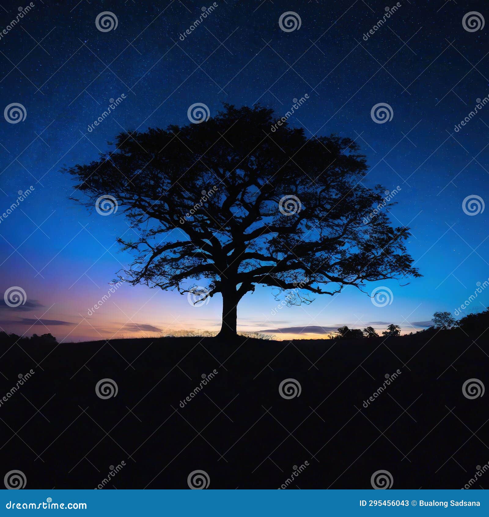 Small Tree Glows at Night Under a Big Stock Illustration - Illustration ...
