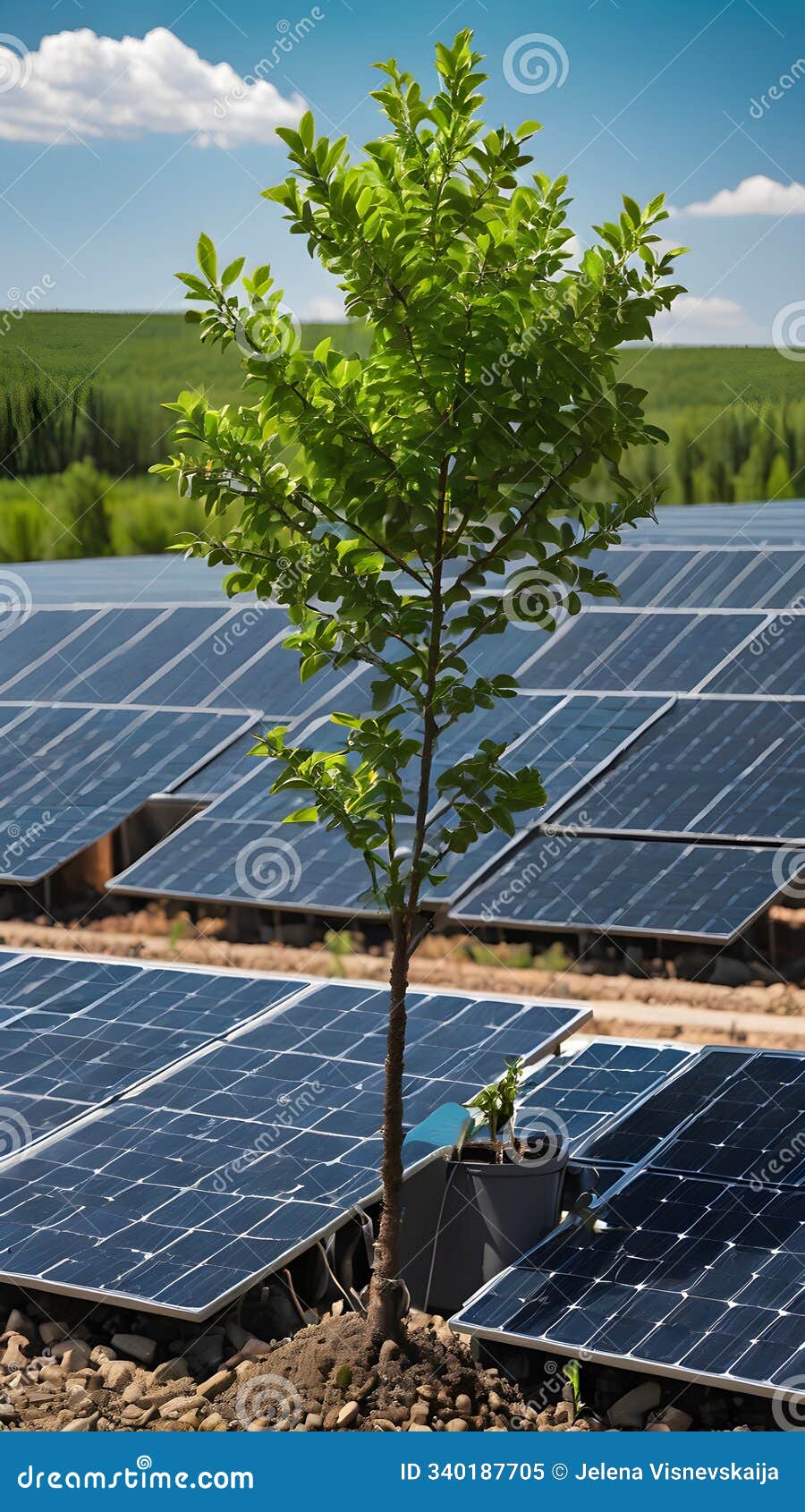 A Small Tree is Growing in Front of a Solar Panel Stock Illustration ...