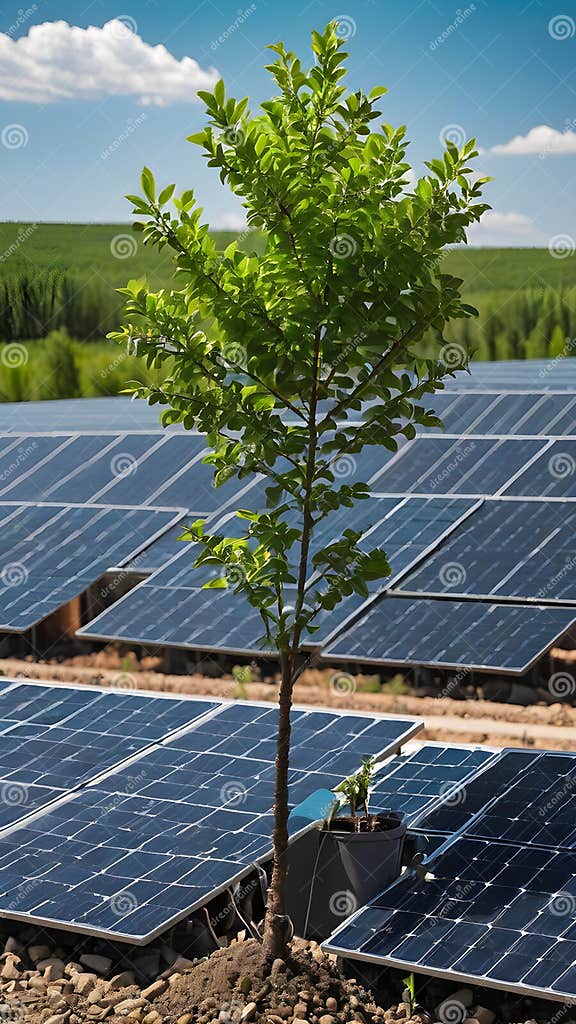 A Small Tree is Growing in Front of a Solar Panel Stock Illustration ...