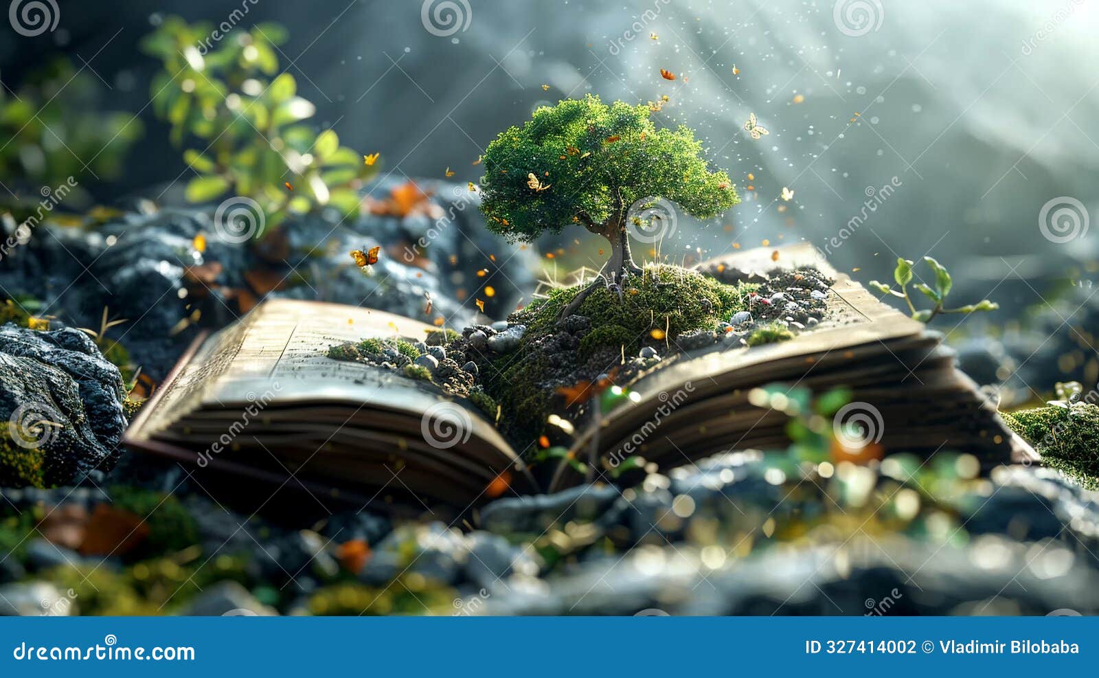 Tree Growing from Open Book in Forest Stock Illustration - Illustration ...