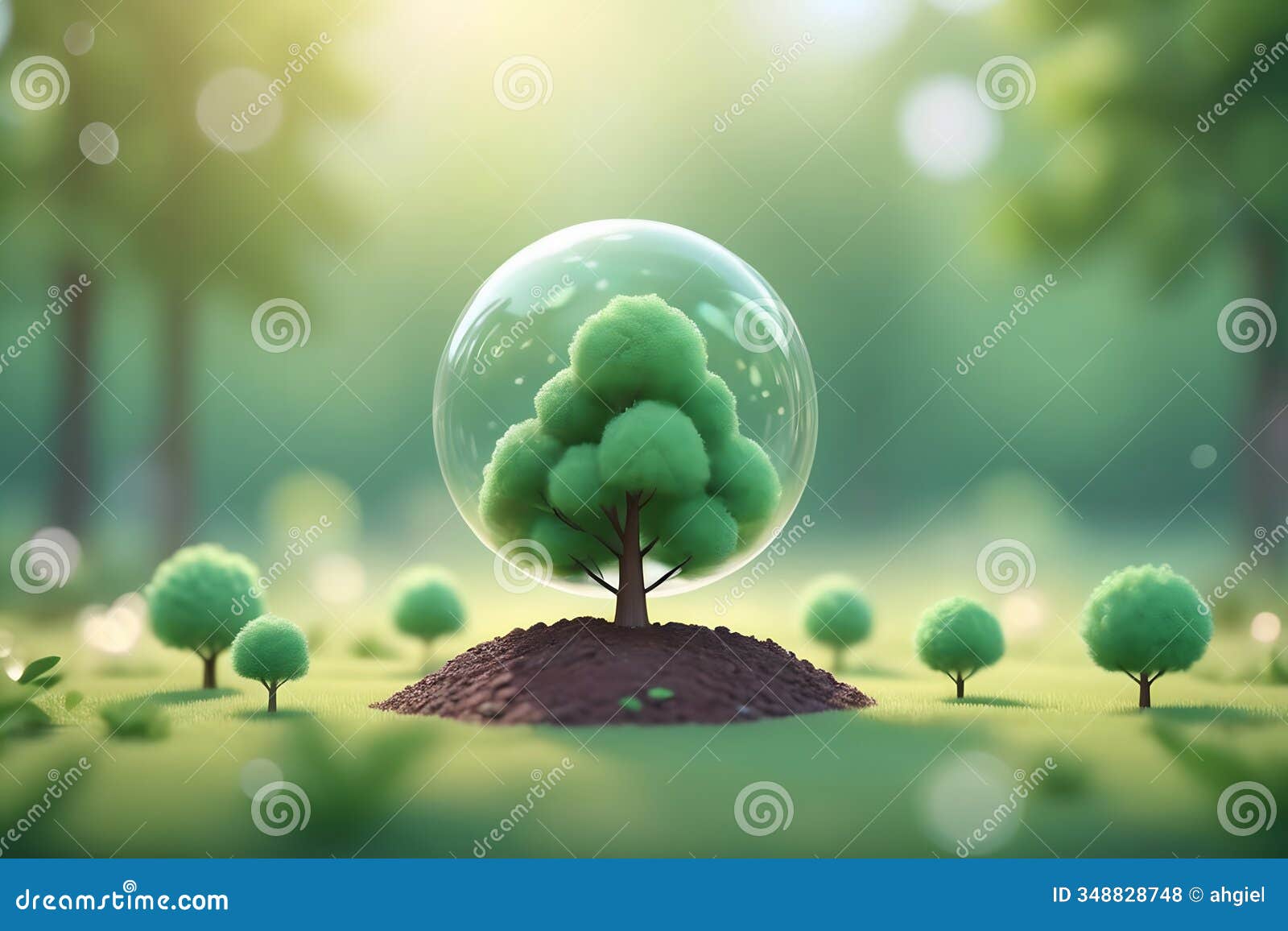A Small Tree Protected by a Bubble in a Green Field with Other Trees ...