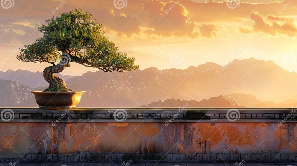 A Small Tree is Sitting on a Ledge in Front of a Mountain Range Stock ...