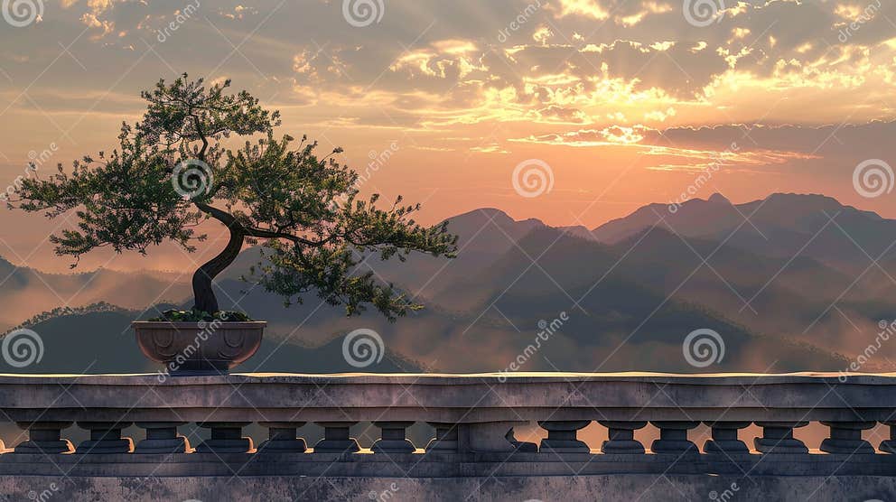A Small Tree is Sitting on a Ledge in Front of a Mountain Range Stock ...