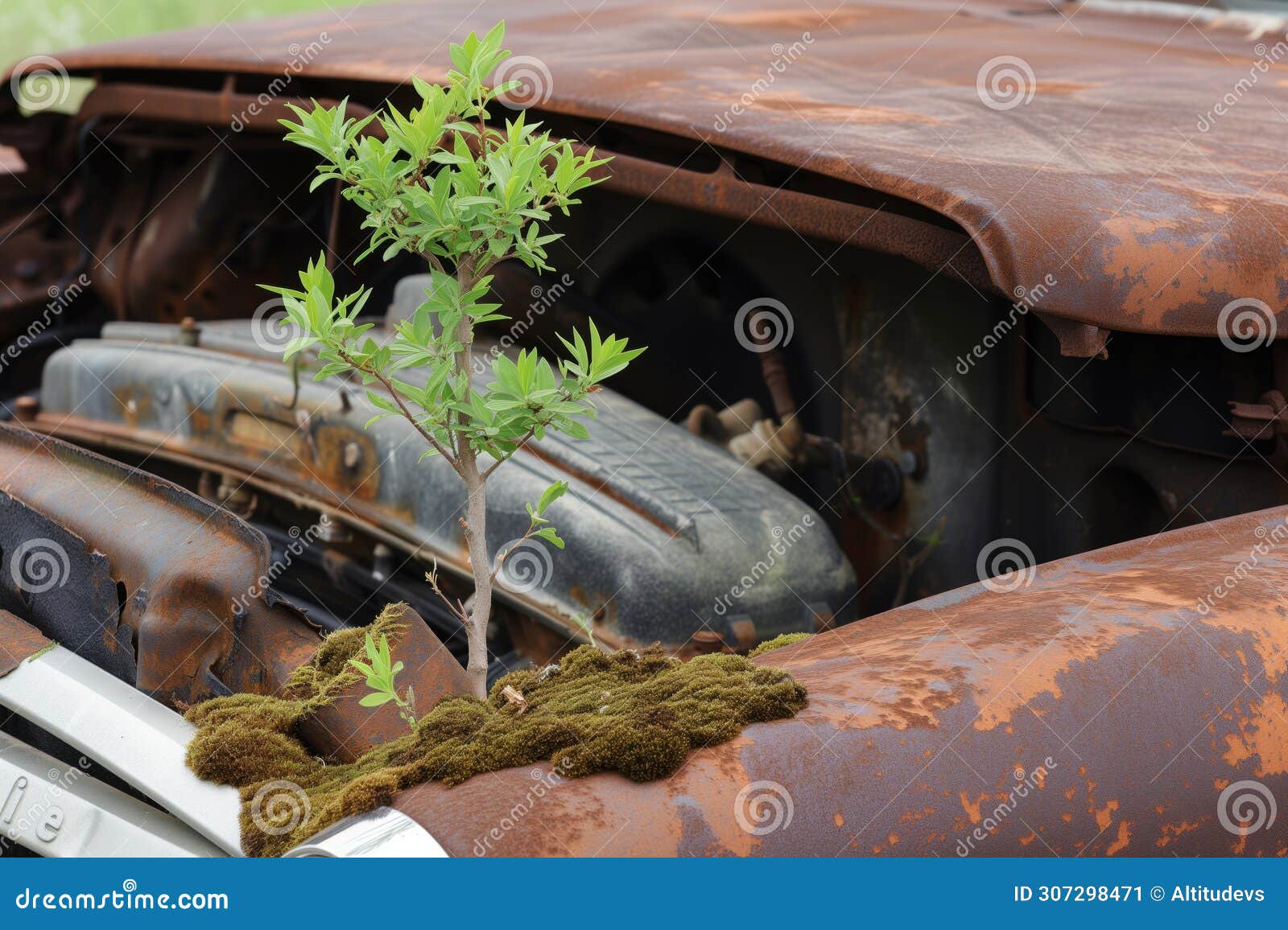 Small Tree Sprouting from Cars Rusted Engine Compartment Stock Image ...