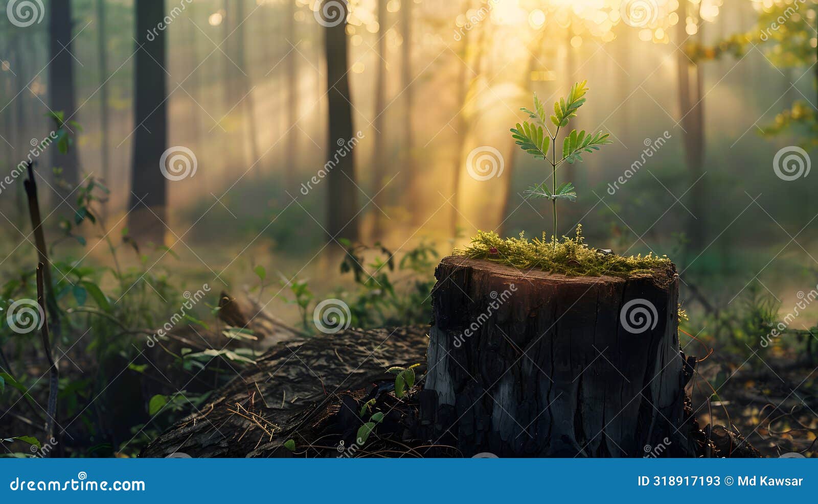 Small Tree Sprouting on Fallen Stump in Foggy Forest at Sunrise, Ai ...