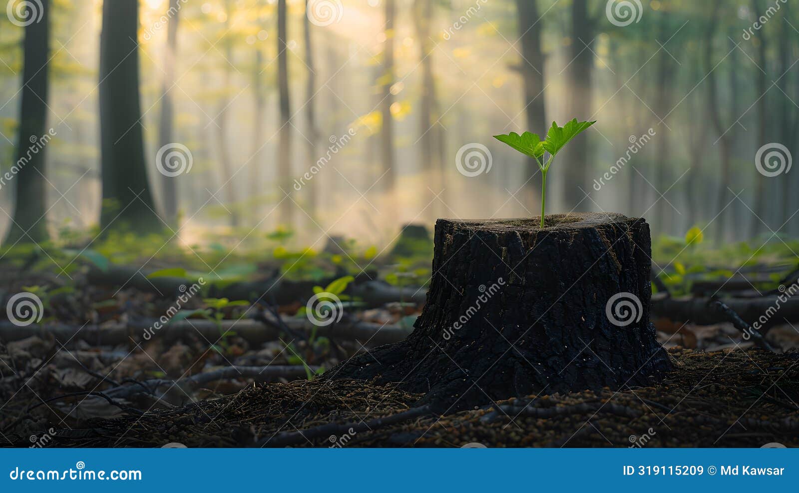 Small Tree Sprouting from Fallen Stump in Foggy Forest Clearing - AI ...