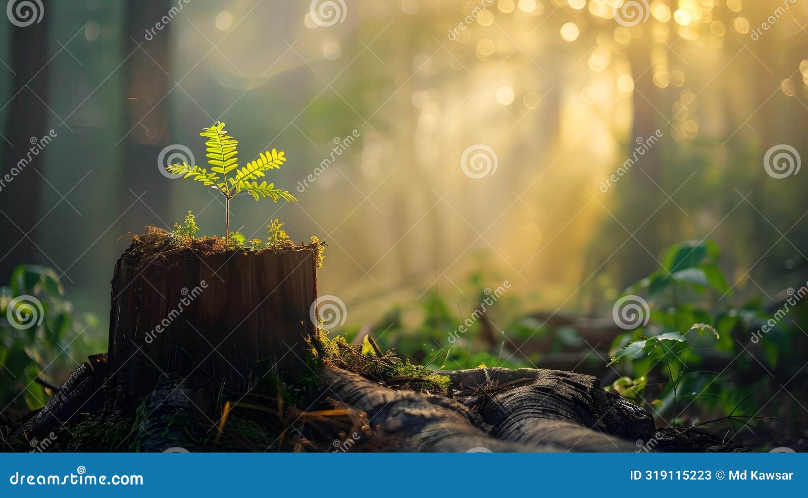 Young Tree Sprouting from Fallen Stump in Foggy Forest at Sunrise - AI ...