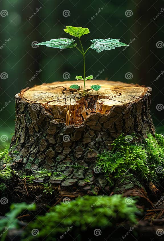 Small Tree Sprouts from Stump in the Forest. a Tree Stump with Its Top ...