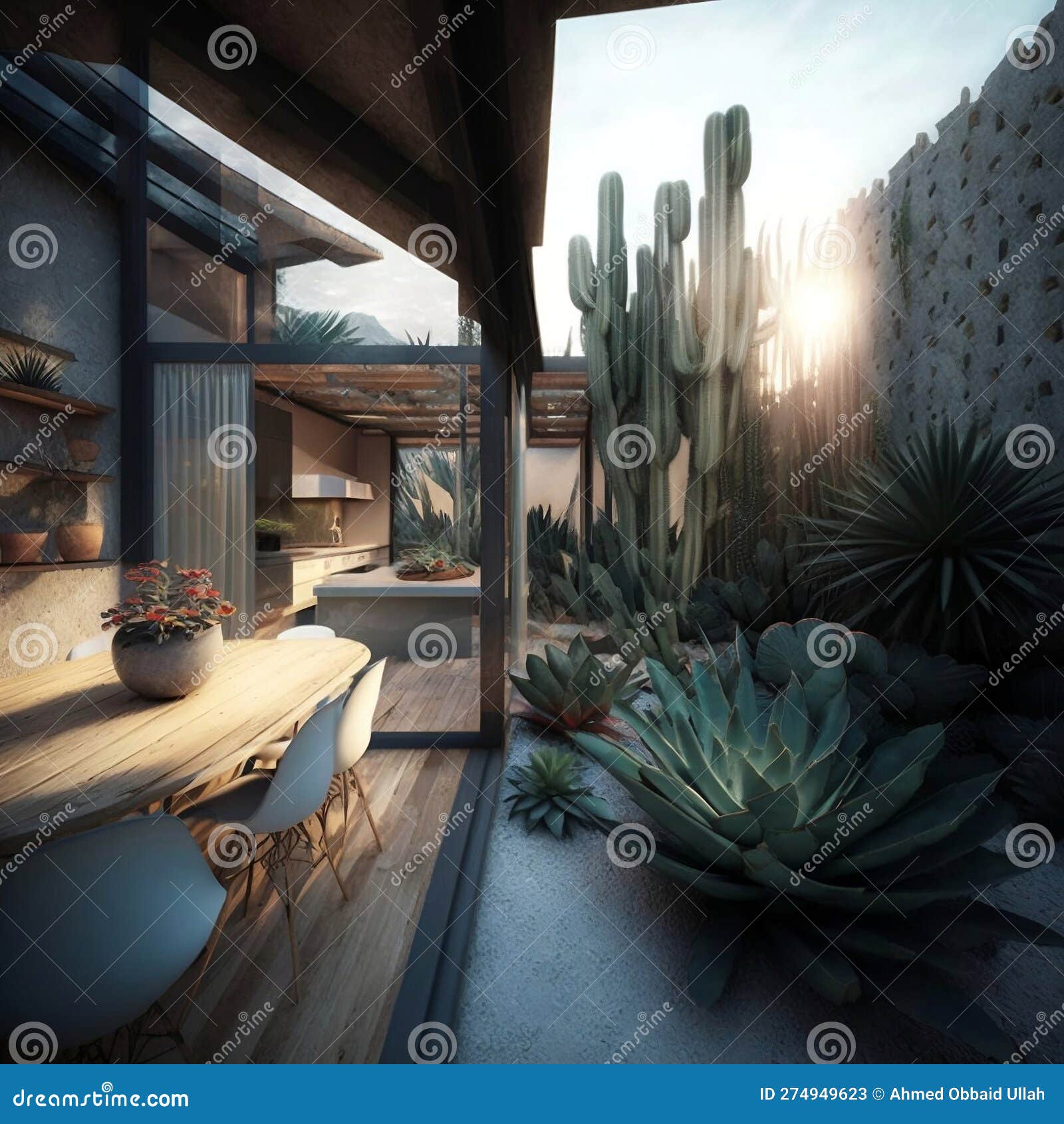 A Small Tropical Villa Featuring a Dining Area and Cactus Plant Stock ...