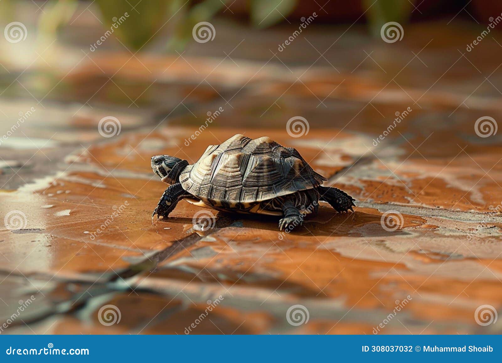 Small Turtle Traverses Tile Floor, Shell Glinting in Ambient Light ...