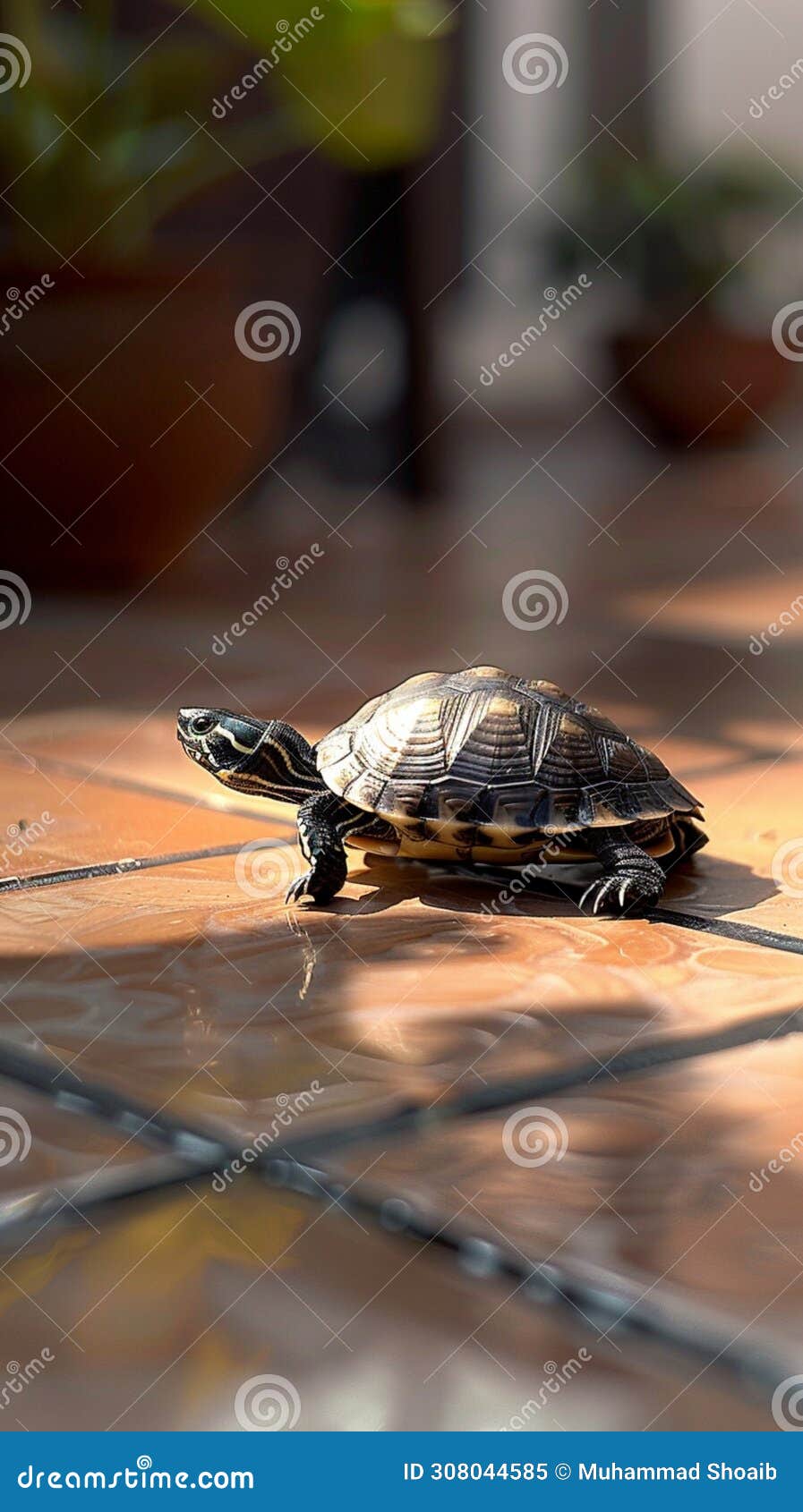 Small Turtle Traverses Tile Floor, Shell Glinting In Ambient Light ...