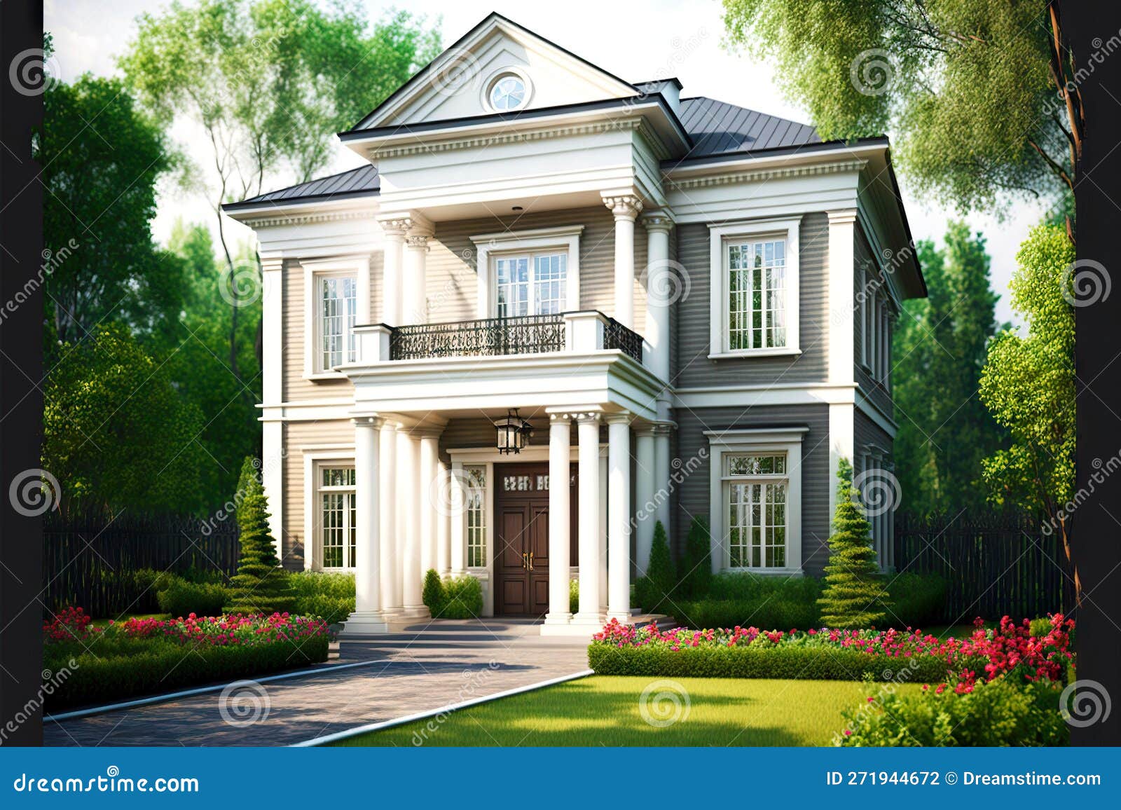 Small Two-storey Mansion in American Style House Exterior with White ...