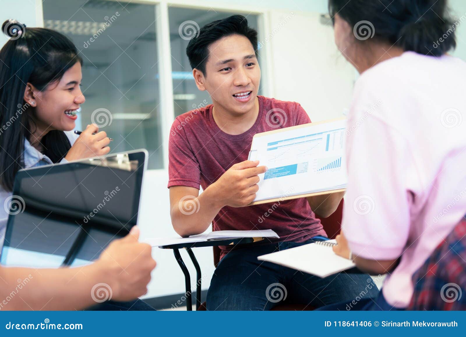 Small University Students Group Study and Discussion Together. Stock ...