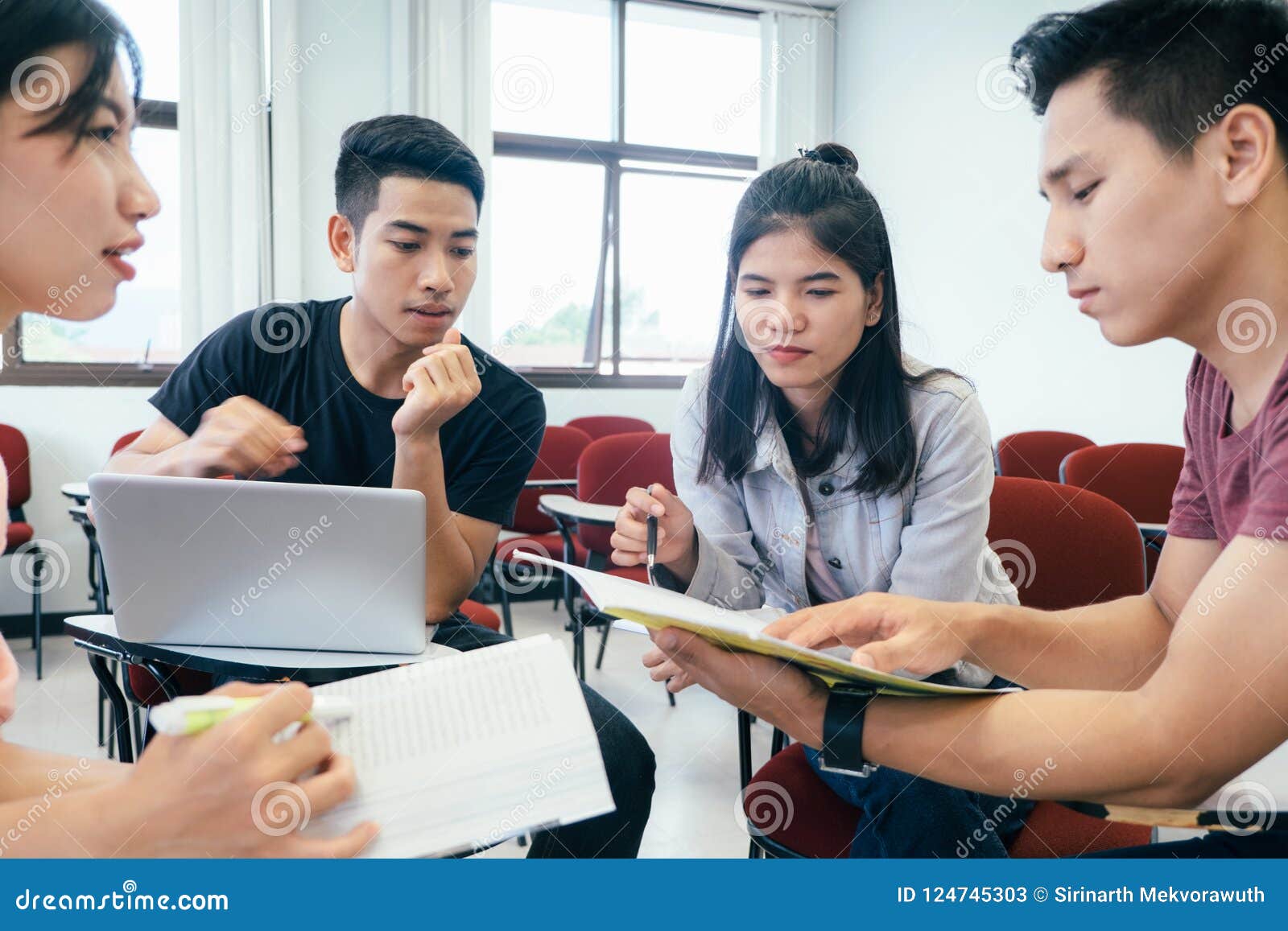 Small University Students Group Study and Discussion Together. Stock ...