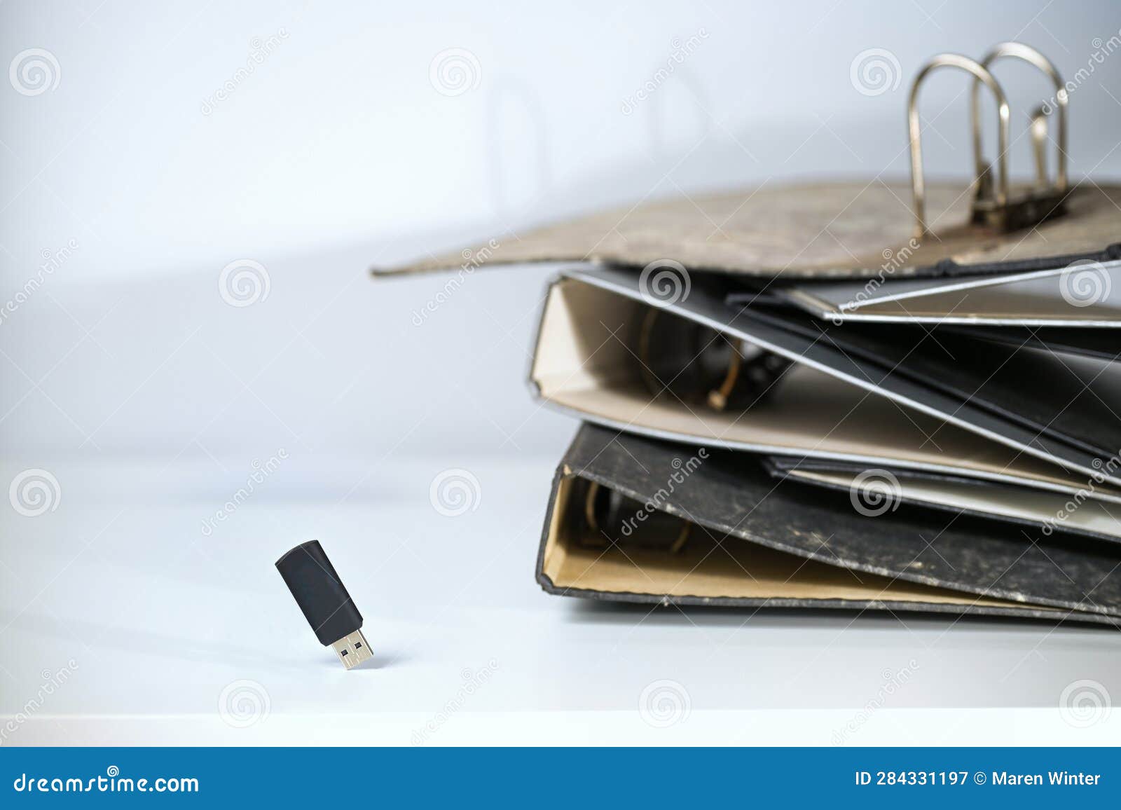 Small Usb Flash Drive Stick Against a Heap Old File Folders or Ring ...