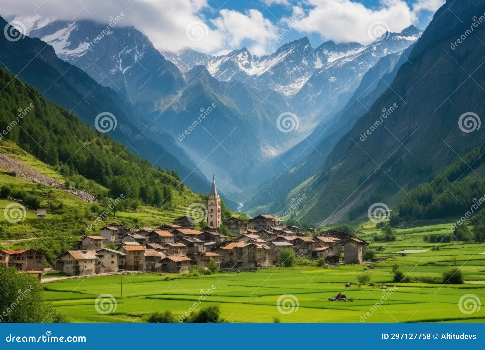 Small Village Nestled at Base of Towering Mountain Stock Photo - Image ...