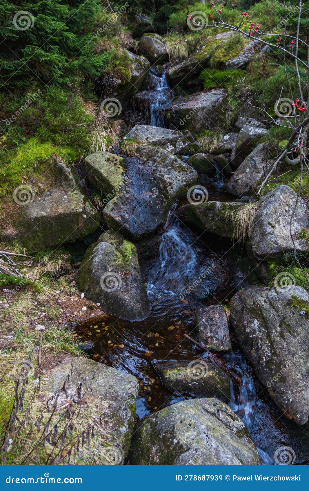 Waterfall As Small Stream Running Down through Stones in Mountains Next ...