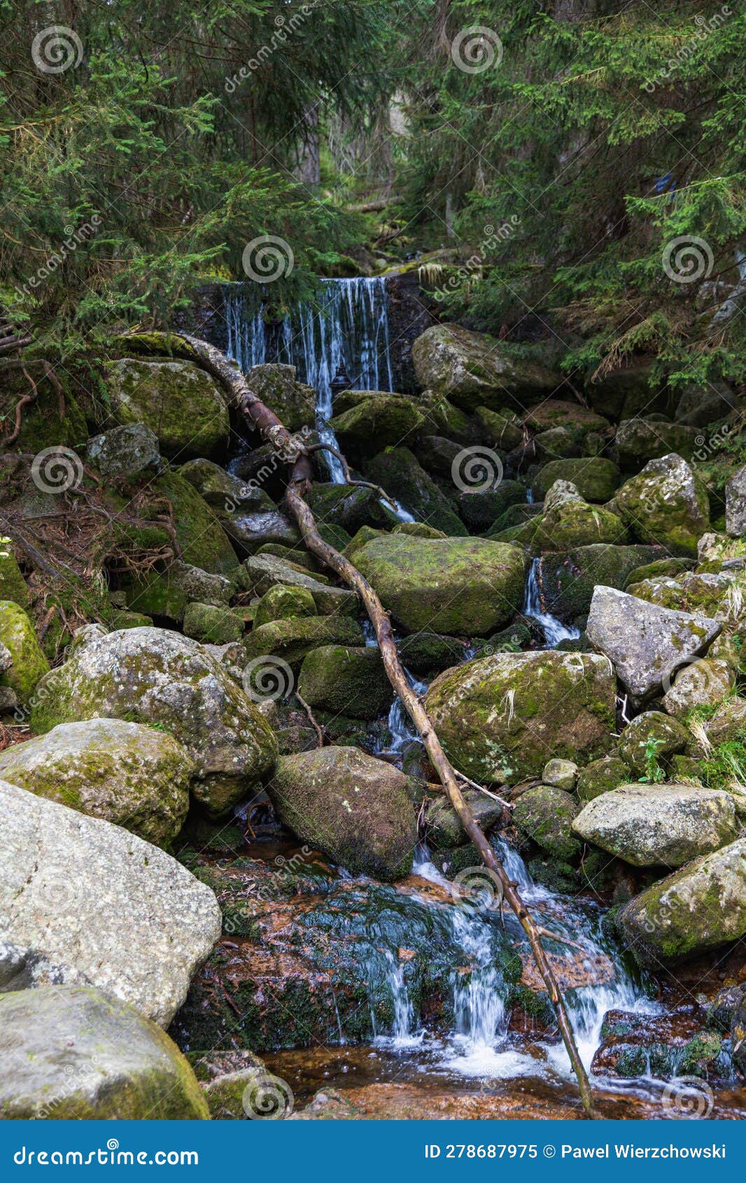 Waterfall As Small Stream Running Down through Stones in Mountains Next ...