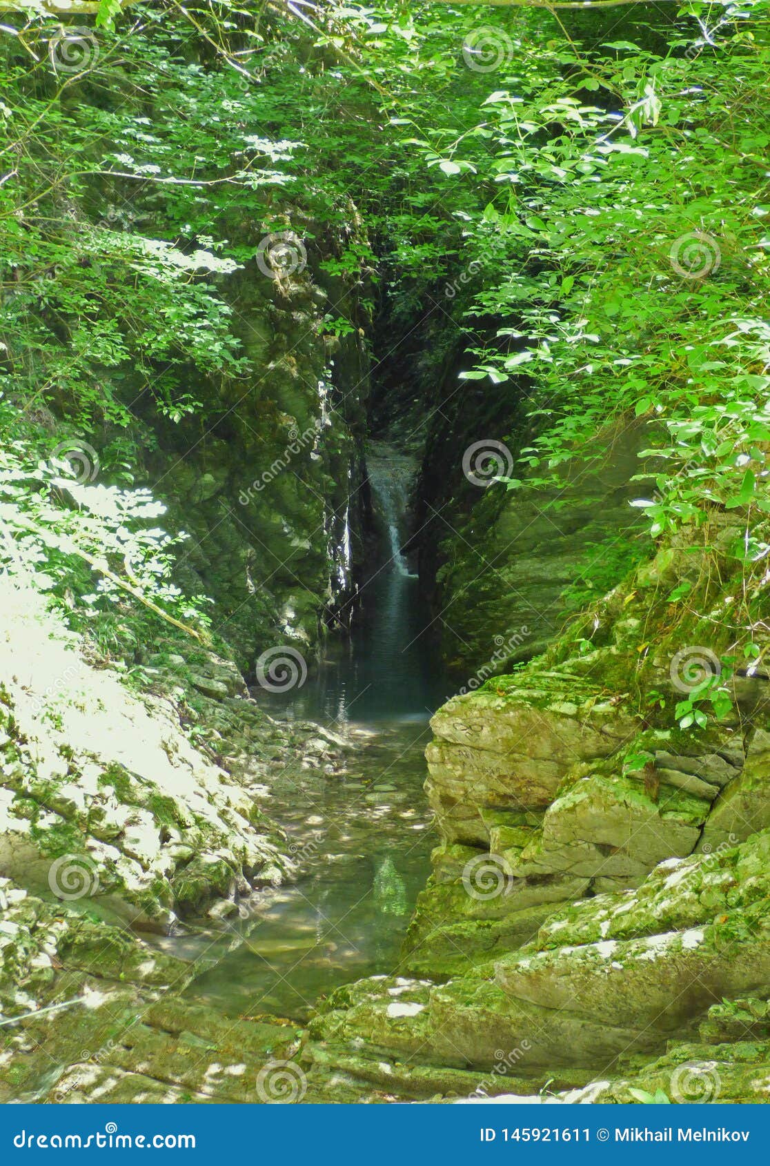 Small Waterfall Far in the Dark Canyon Stock Image - Image of fall ...