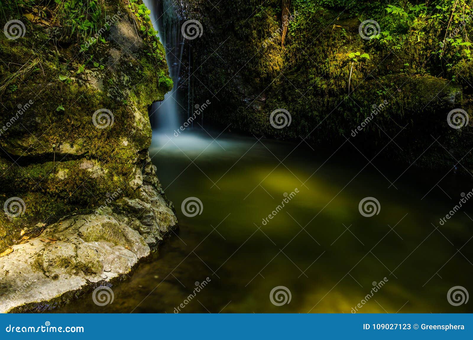 A Small Gutter Waterfall Hidden Behind Mossy Cliffs in the Forest Stock ...