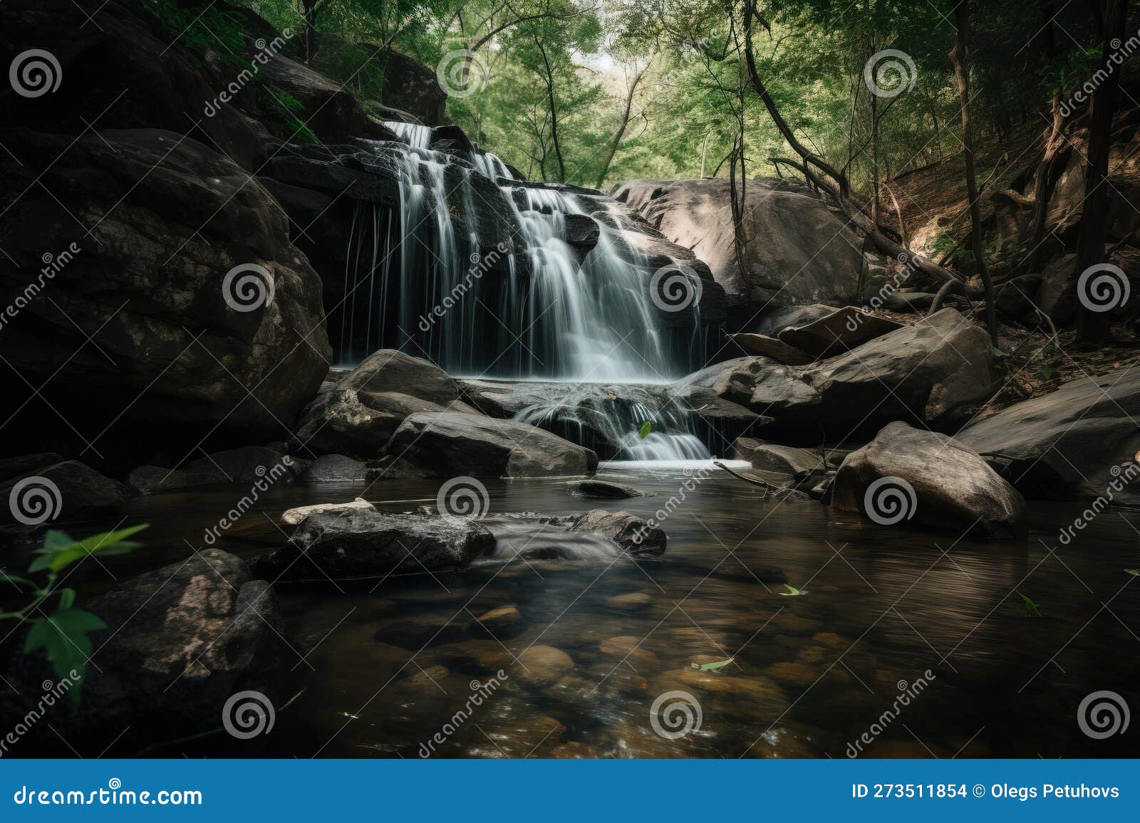 A Small Waterfall in the Middle of a Forest Filled with Rocks Stock ...