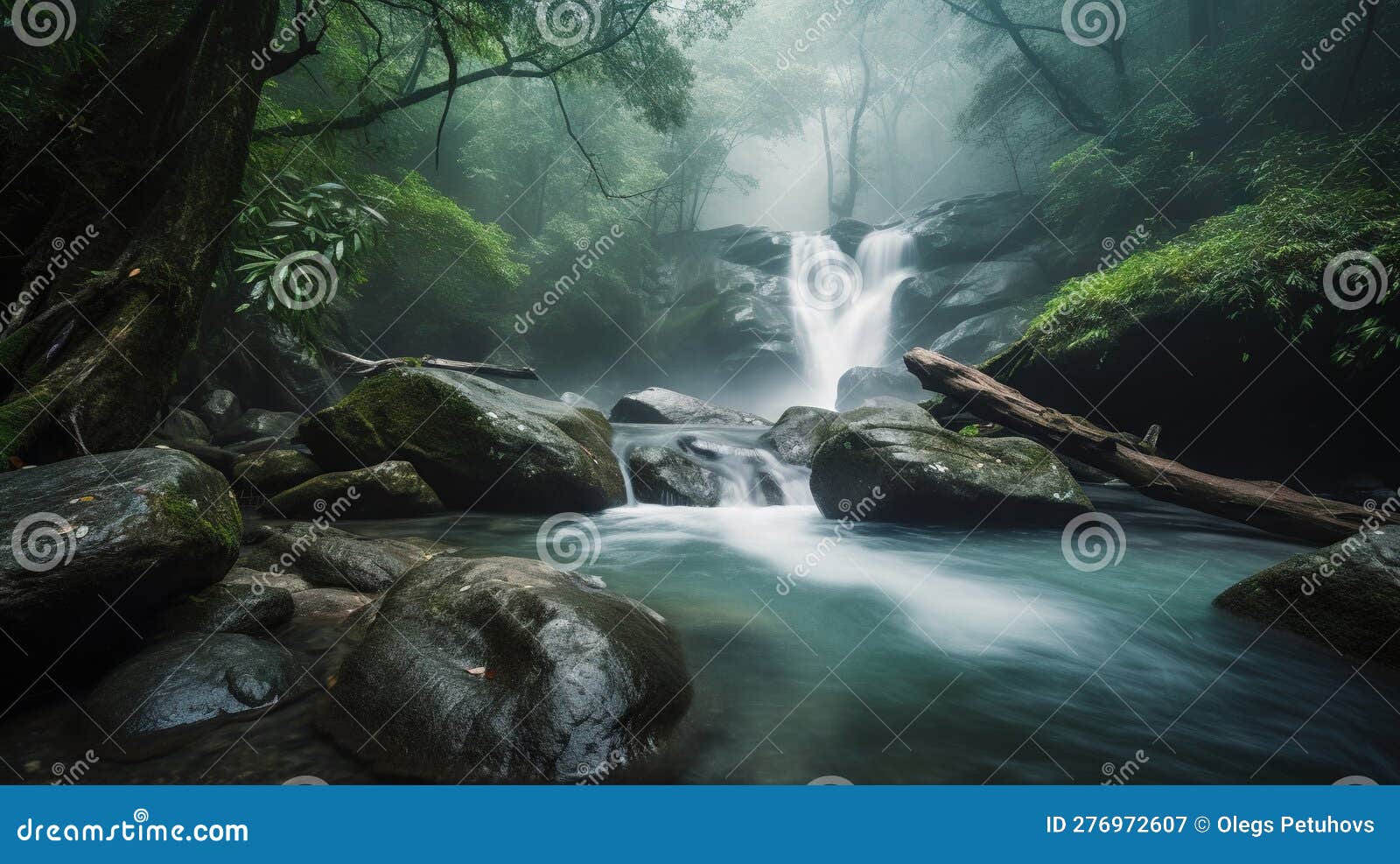 A Small Waterfall in the Middle of a Forest Filled with Rocks Stock ...