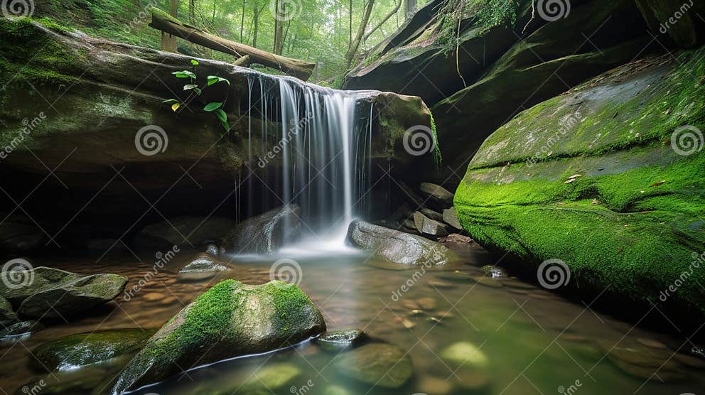 A Small Waterfall in the Middle of a Forest Filled with Rocks Stock ...
