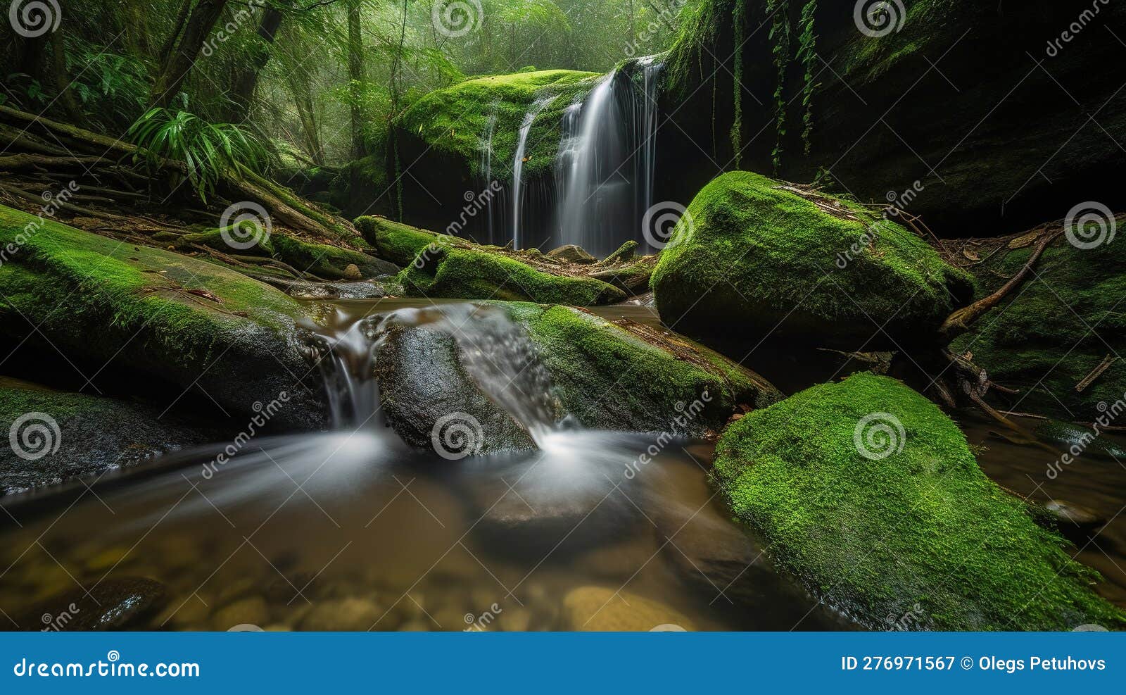 A Small Waterfall in the Middle of a Lush Green Forest Stock ...