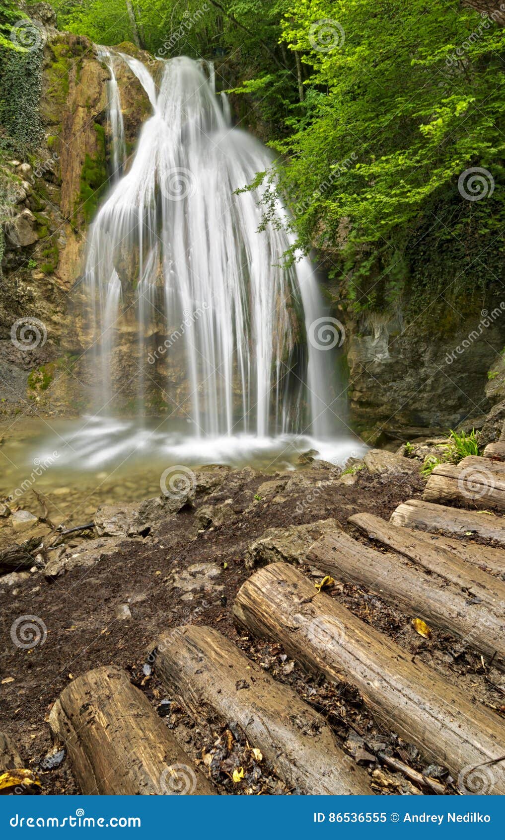 A Small Waterfall on Mountain Stream, Beautiful Roots in the Foreground ...