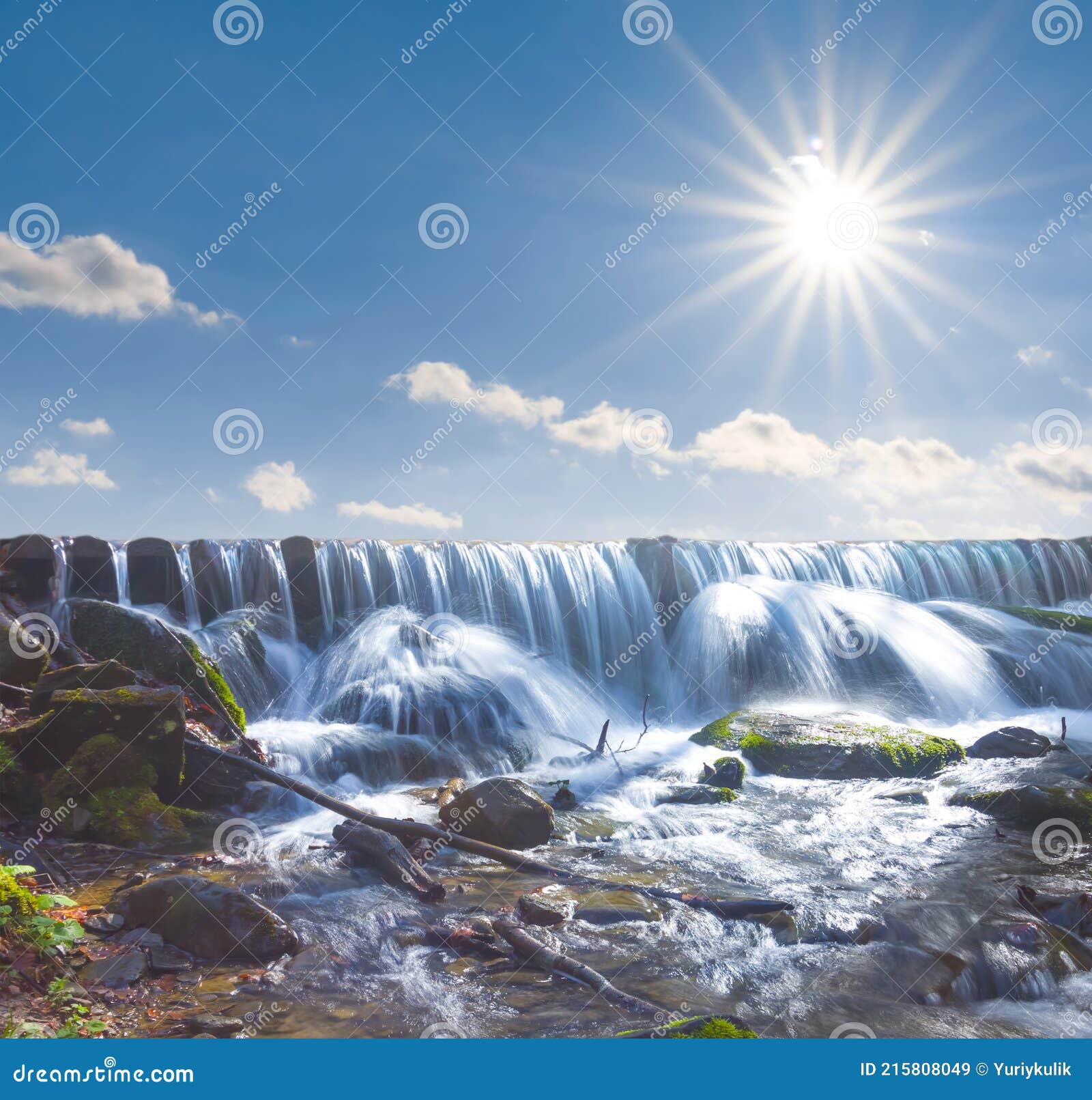 Waterfall on River Under a Sparkle Sun Stock Image - Image of clouds ...