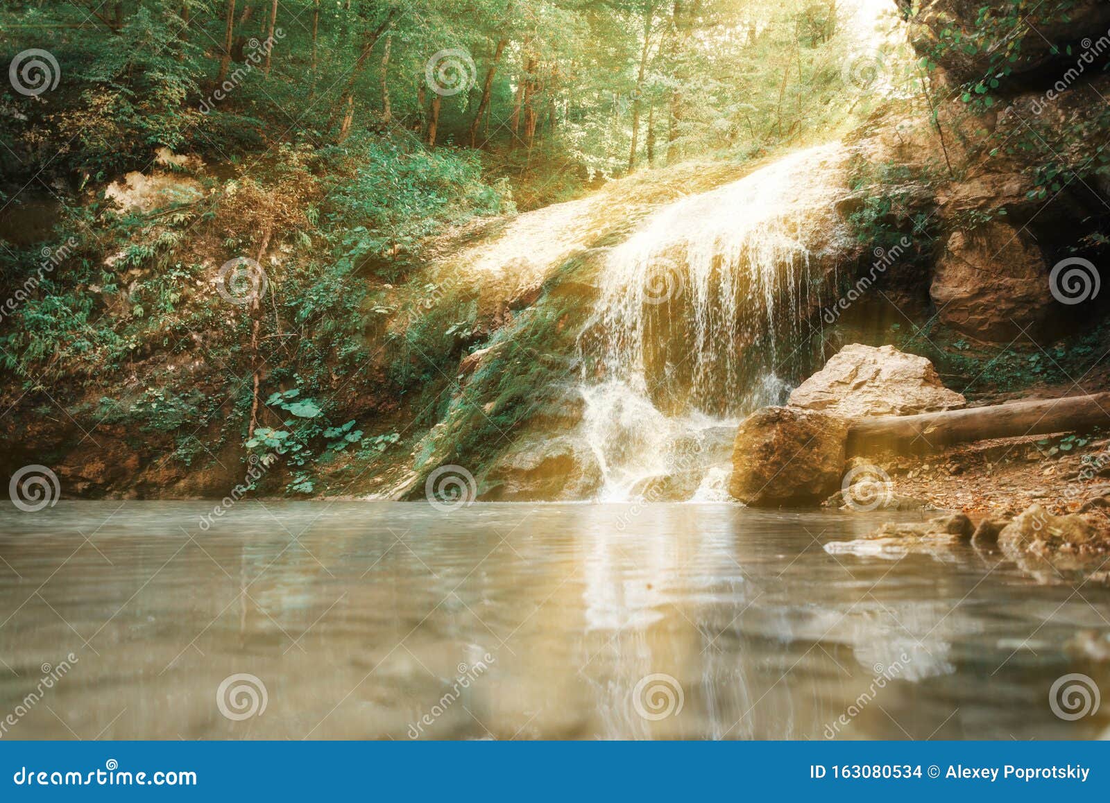 Small Waterfall in Summer Forest on Sunny Day. Stock Photo - Image of ...