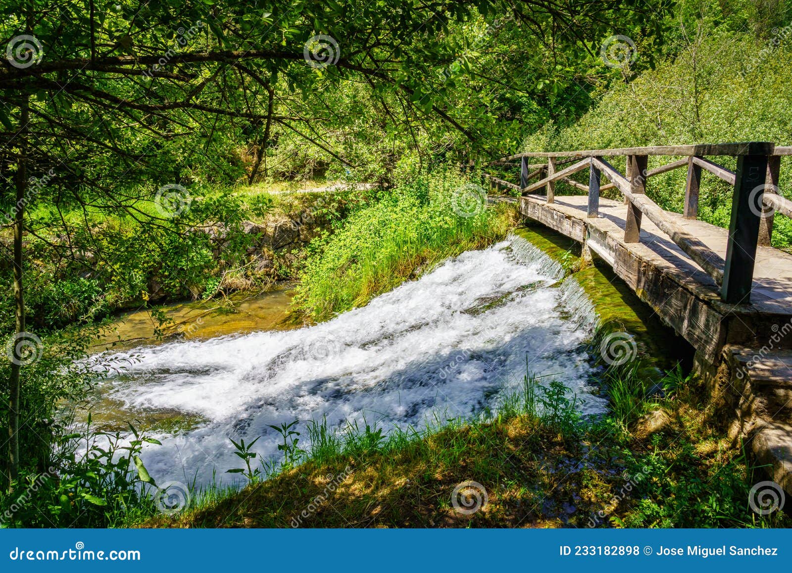 Small Waterfall Under a Wooden Bridge at the Source of the Ebro River ...